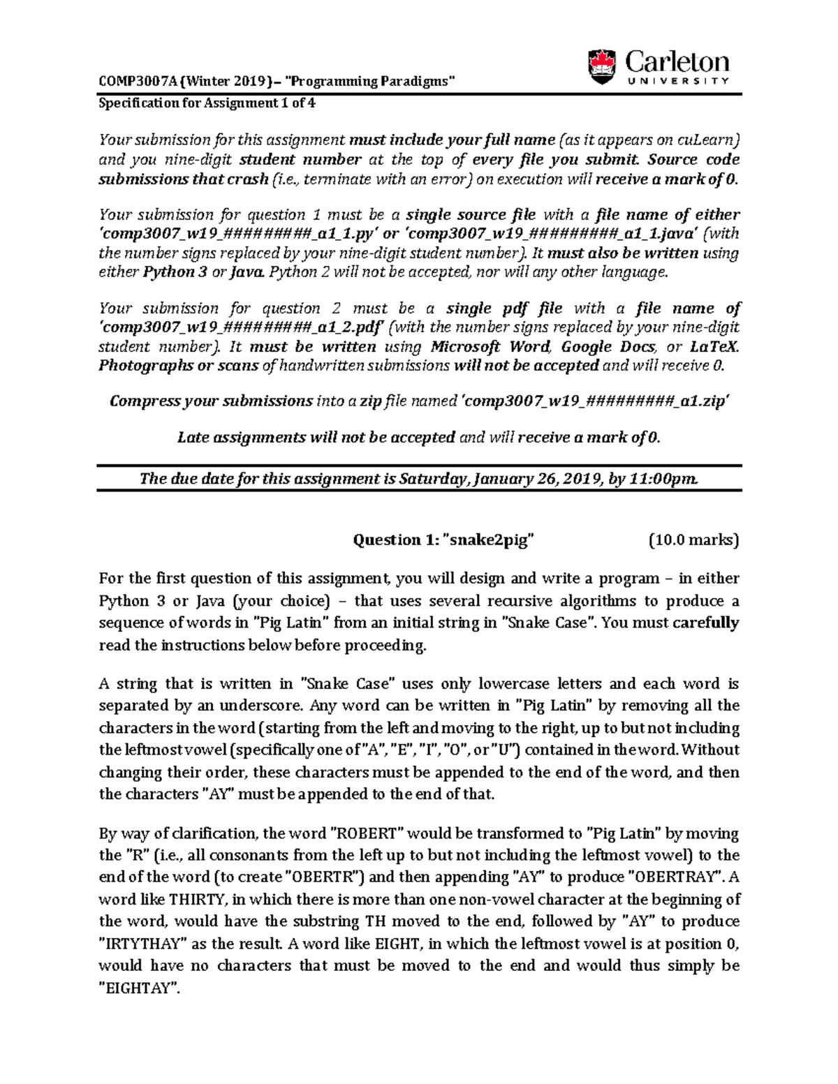 COMP 3007 A1 - Assignment Requirements - COMP3007A (Winter 2019) "Programming - Studocu