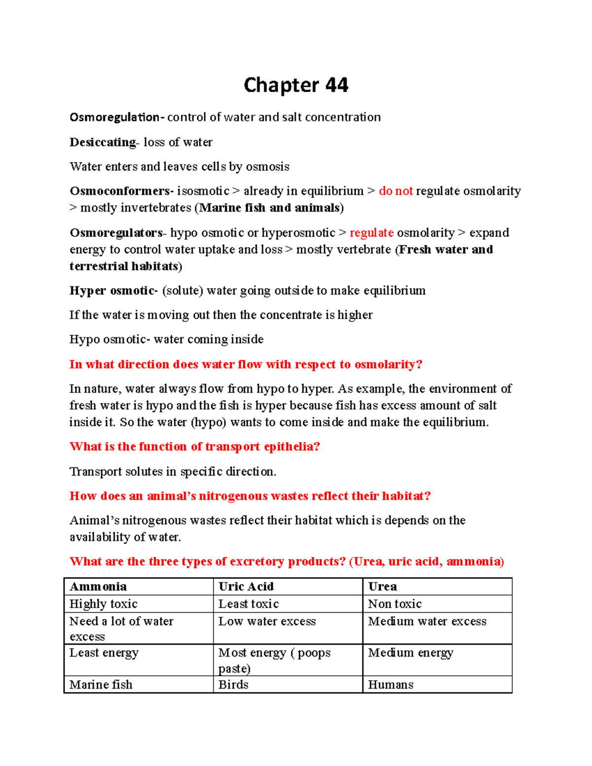 Chapter 44 - lecture notes - Chapter 44 Osmoregulation- control of ...