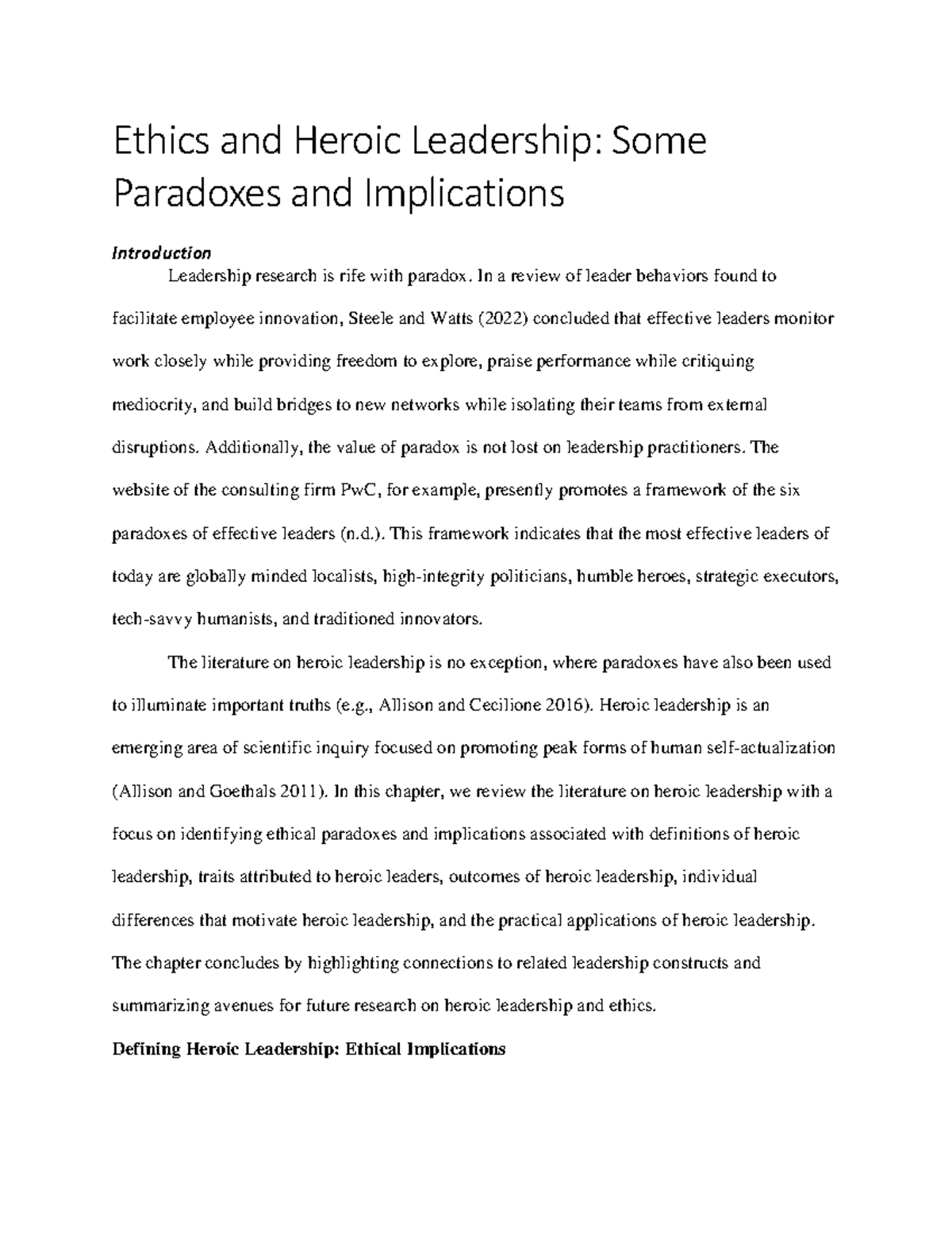 Chapter manu script final - Ethics and Heroic Leadership: Some ...