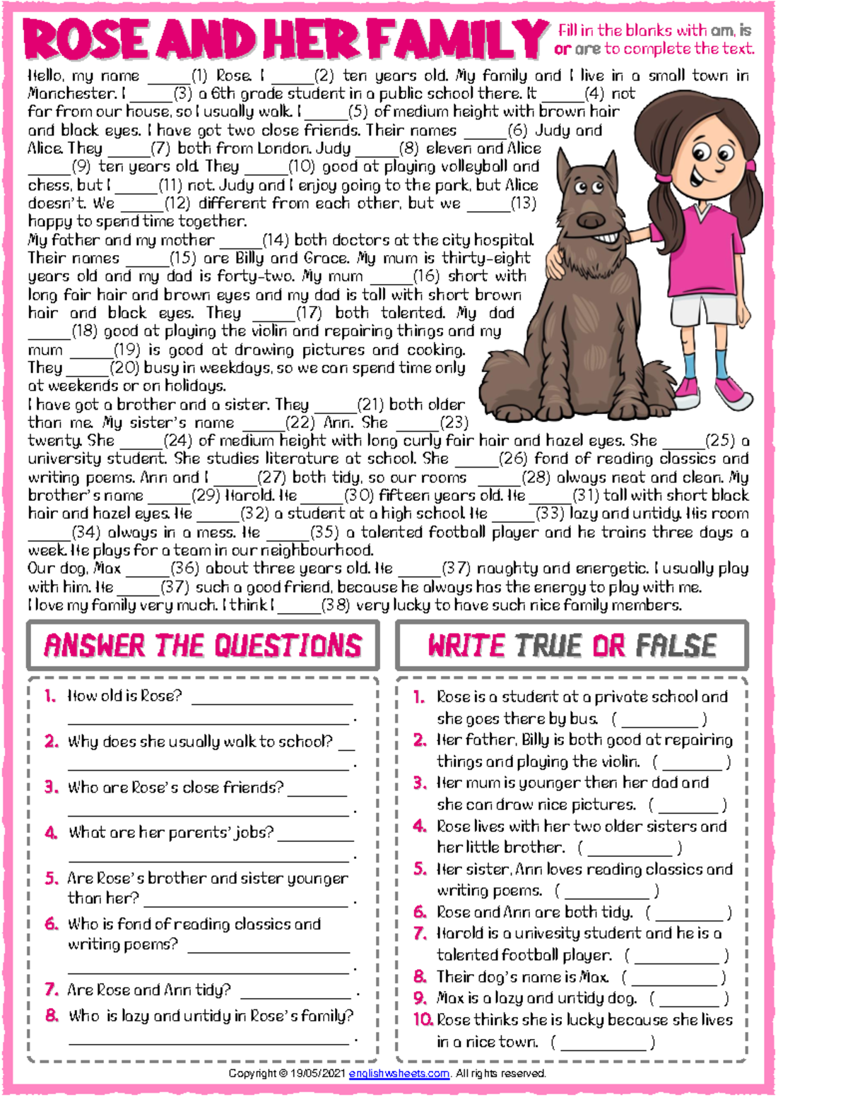 Am is are rose and her family esl reading comprehension worksheet(1 ...