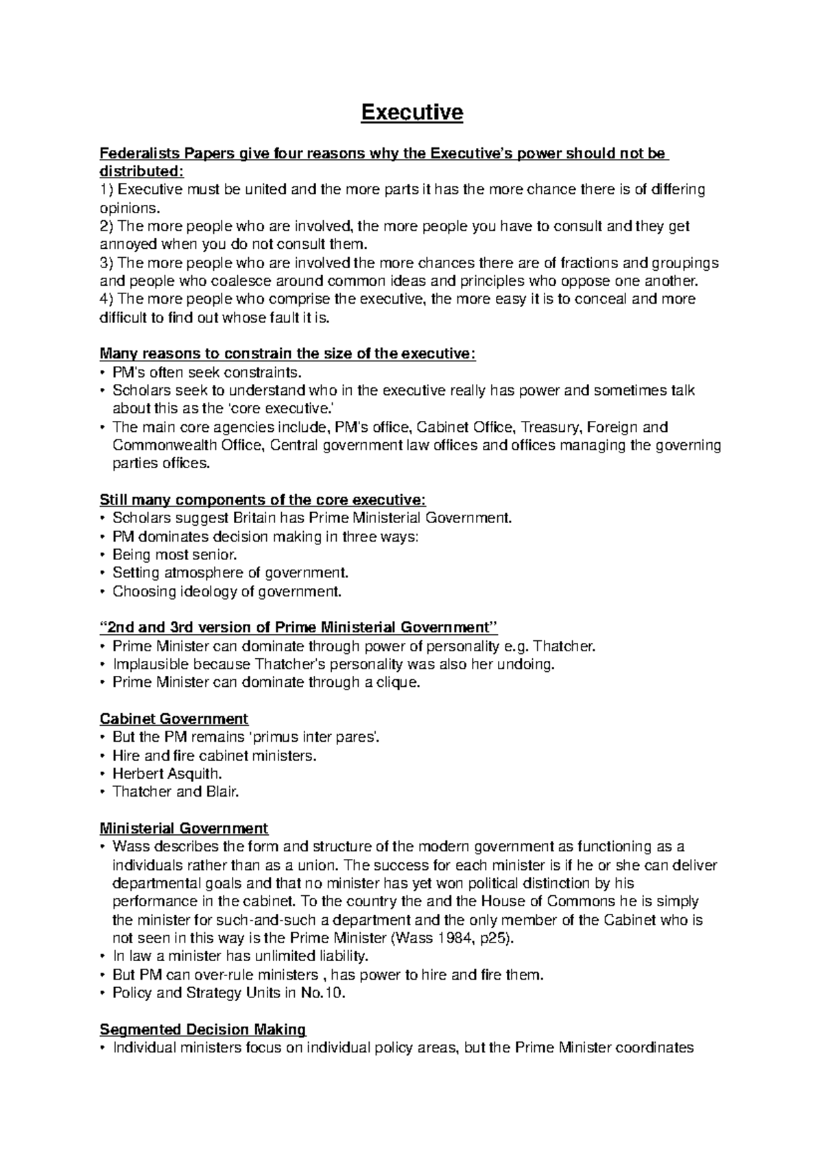Executive - Lecture notes 3 - Executive Federalists Papers give four ...