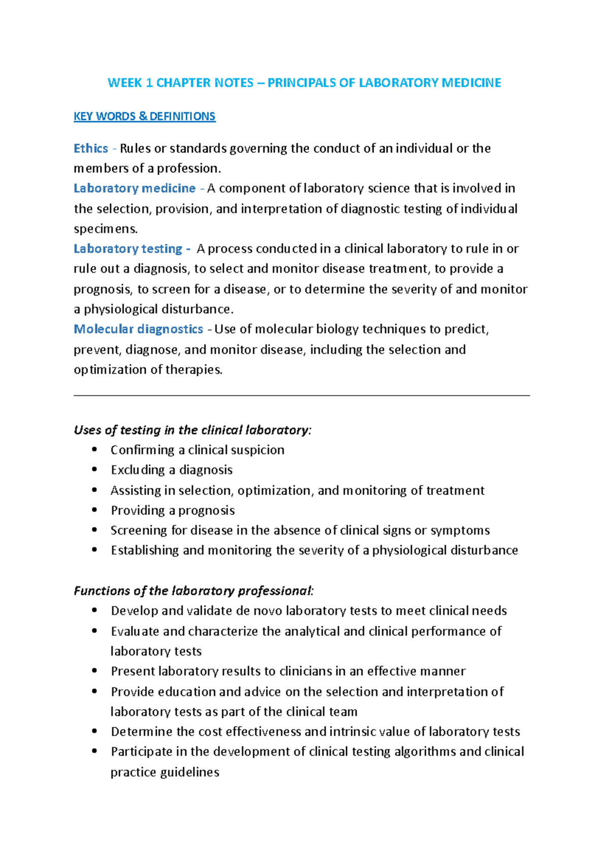 WEEK 1 Chapter Notes – Principals OF Laboratory Medicine - WEEK 1 ...