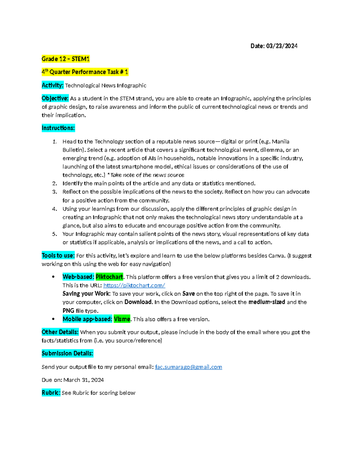 Performance Task: Infographics - Date: 03/23/ Grade 12 – STEM 4 th ...