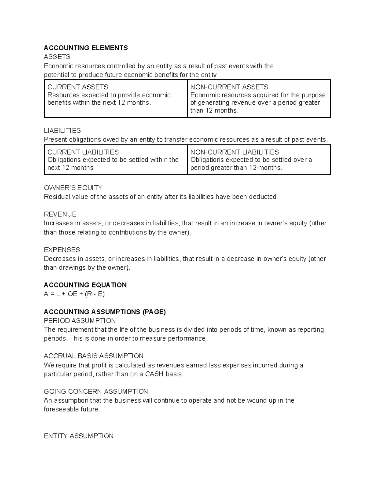 Summary of key terms - ACCOUNTING ELEMENTS ASSETS Economic resources ...