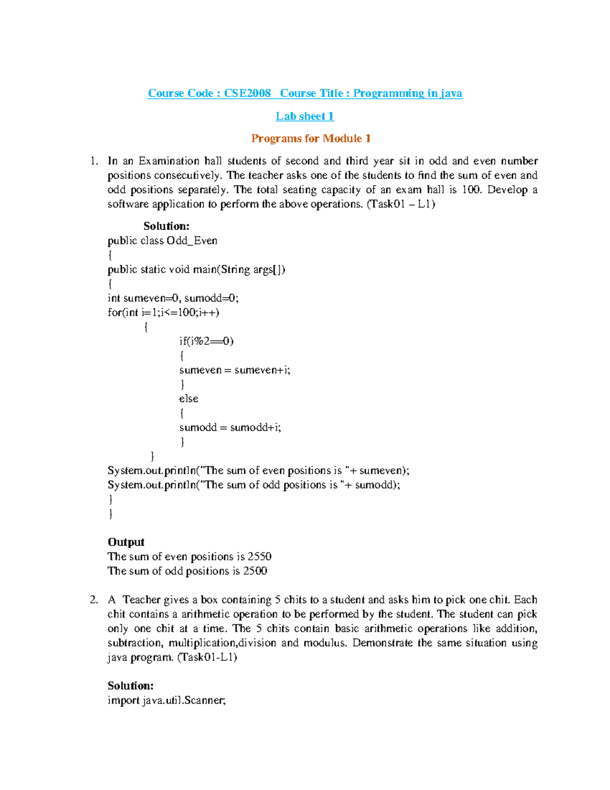 Labsheet 1 - Course Code : CSE2008 Course Title : Programming in java ...