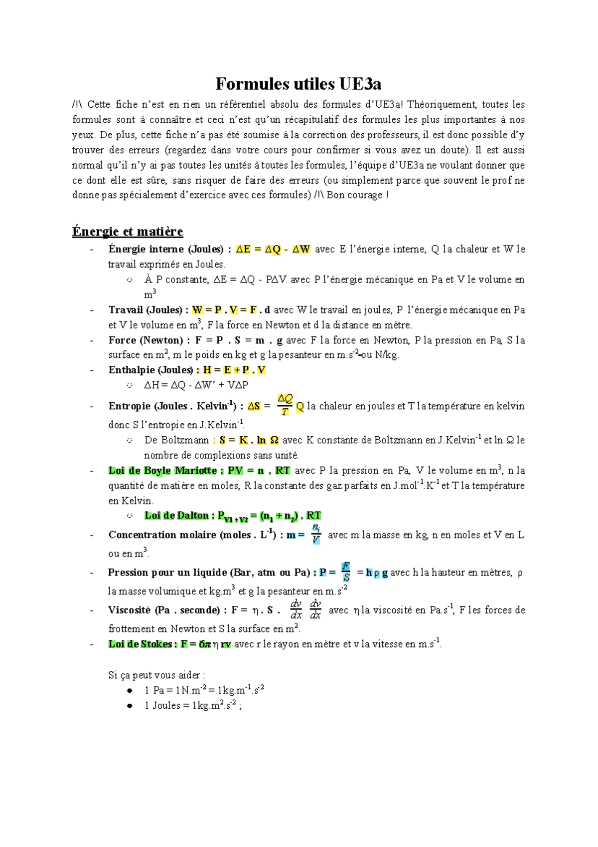 0. fiche formules utiles - Formules utiles UE3a /!\ Cette fiche n’est ...