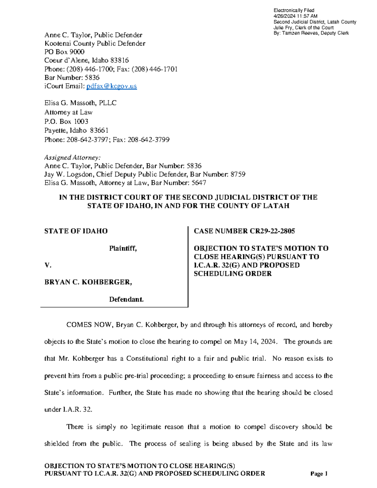 042624-Objection-Motion-Close-Hearings-ICAR 32g-PSO - OBJECTION TO STATE’S MOTION TO CLOSE - Studocu