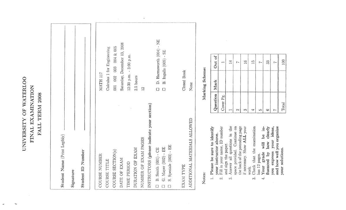 Exam 13 December 2008, questions - MATH 117 - Studocu