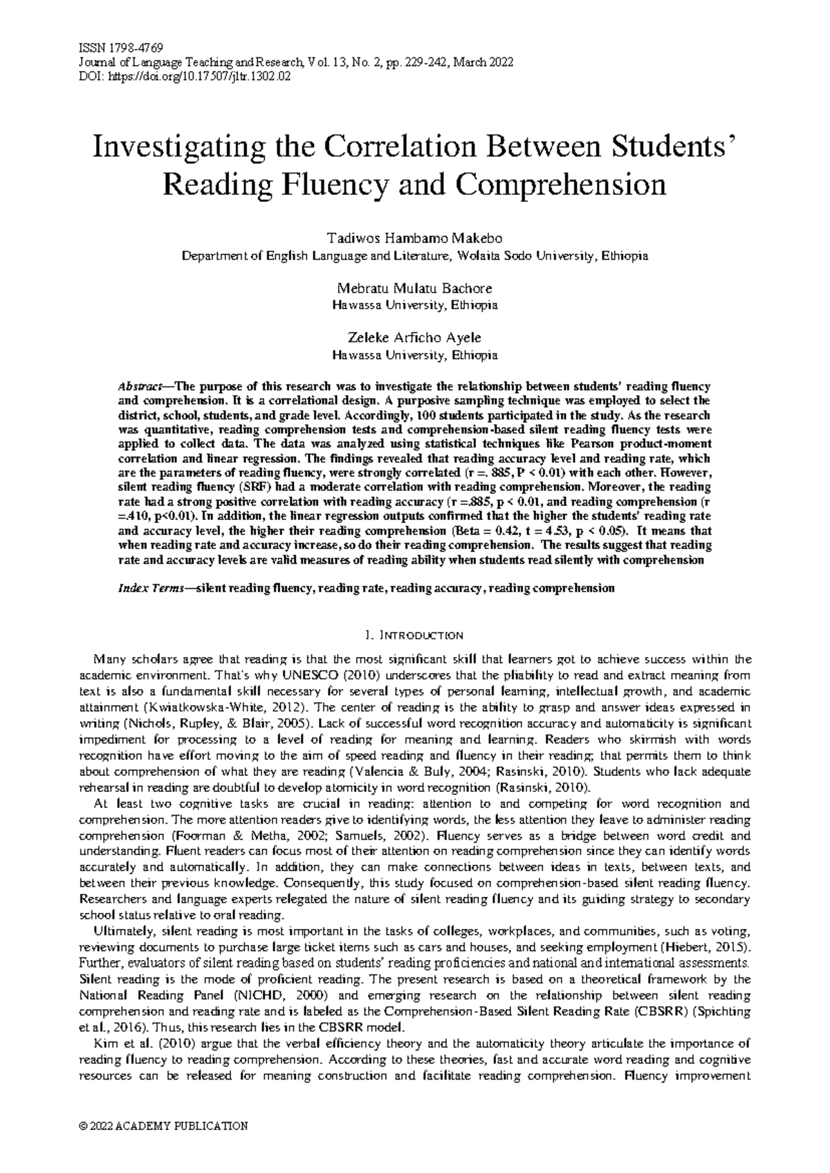Investigating the correlation between students' reading fluency and comprehension - It is a ...