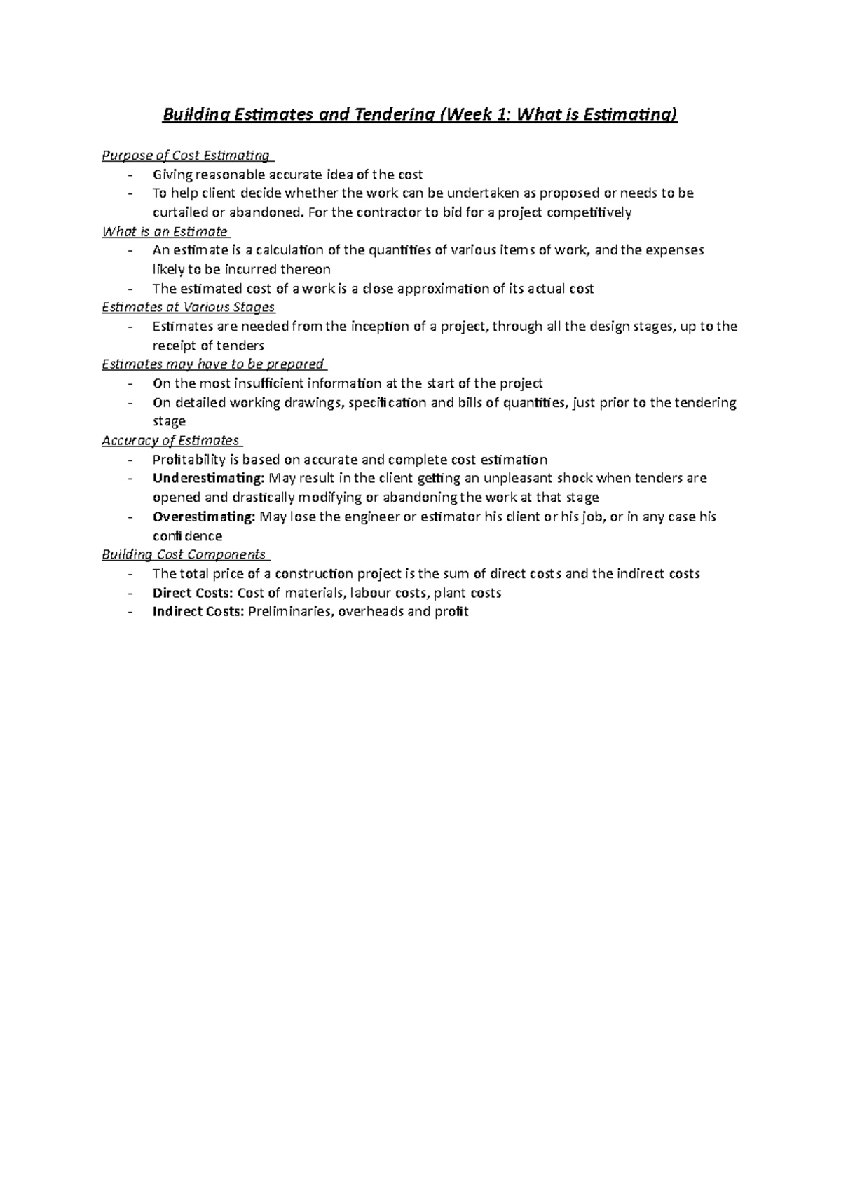 Building Estimates and Tendering Notes all week - Building Estimates ...