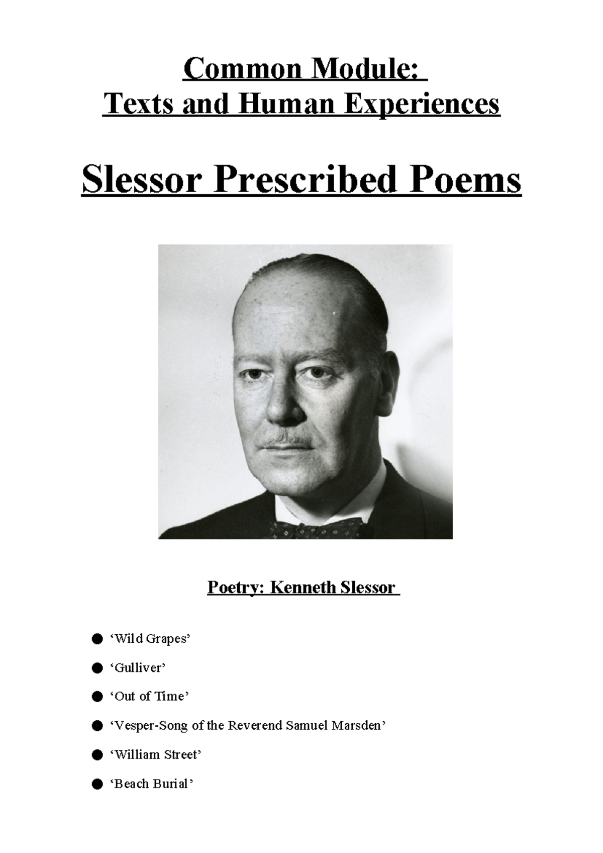 Kenneth Slessor - Prescribed poems - Common Module: Texts and Human ...