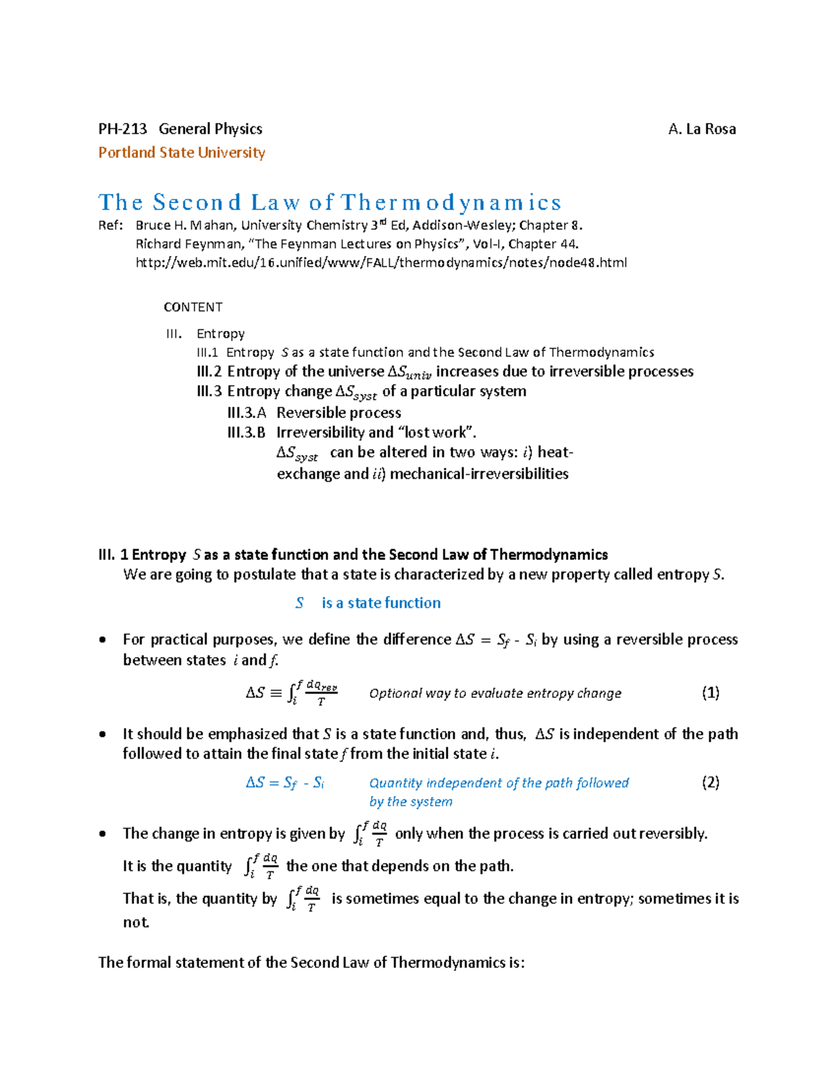 (2018 ) Entropy - PH-213 General Physics A. La Rosa Portland State ...