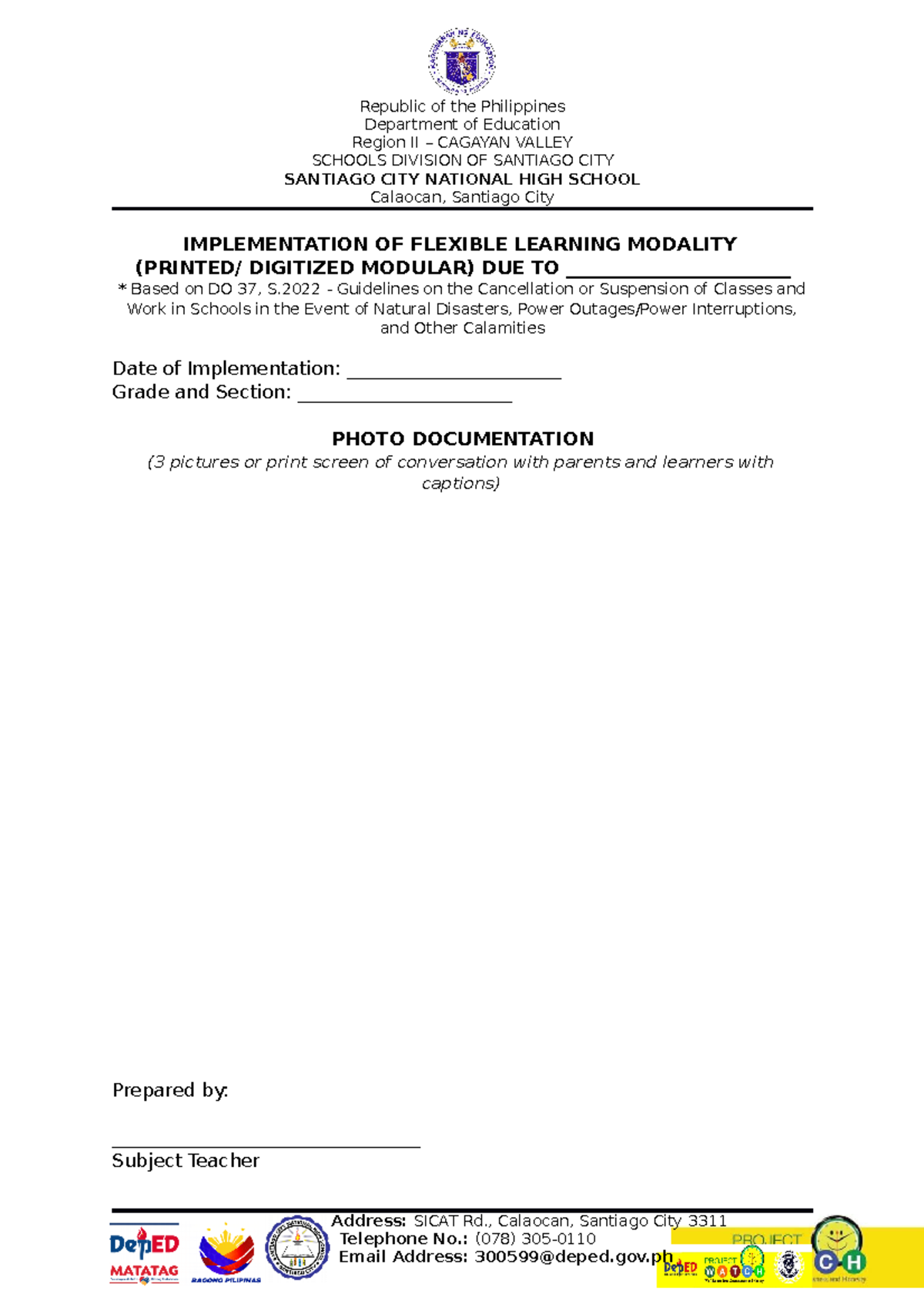 Template Report In The Implementation Of Flexible Learning Modality 1 Republic Of The