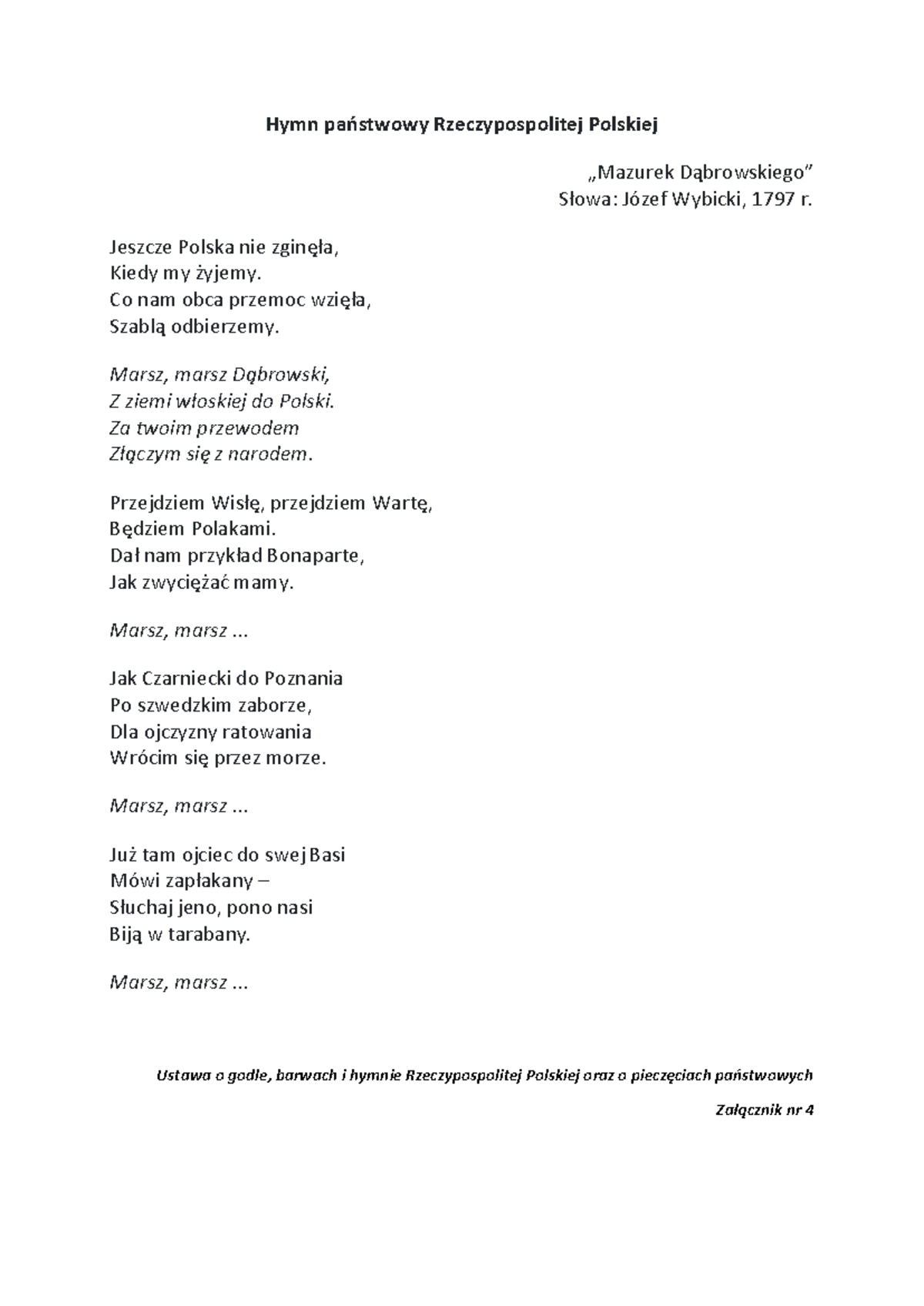 Tekst literacki hymnu państwowego - Hymn państwowy Rzeczypospolitej Polskiej „Mazurek ...