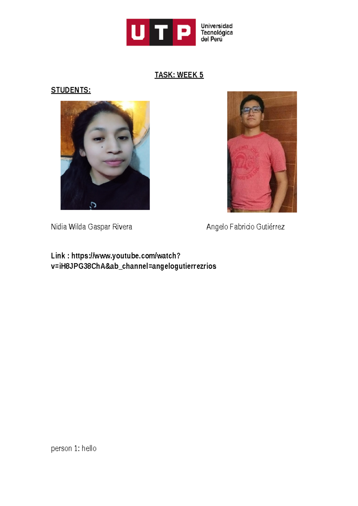 Wee 5 Ingles II - ingles, tarea - TASK: WEEK 5 STUDENTS: Nidia Wilda ...