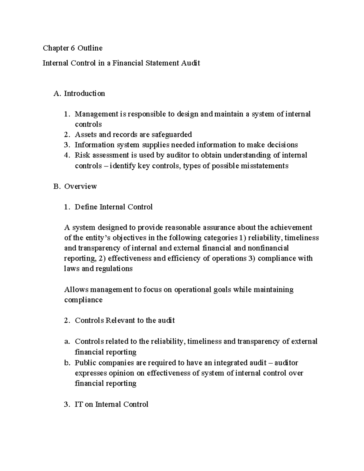 Chapter 6 Outline - Chapter 6 Outline Internal Control in a Financial ...