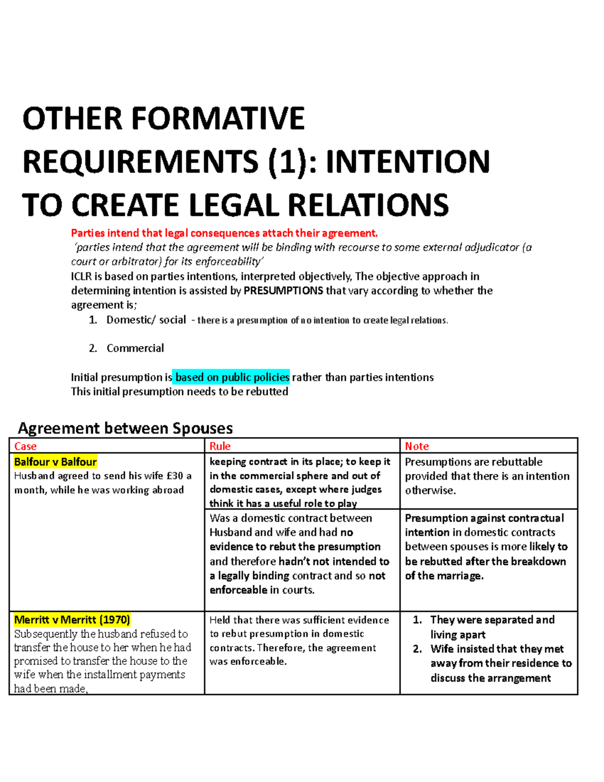 Intention TO Create Legal Relations Outline- Contract Law 1L - OTHER ...