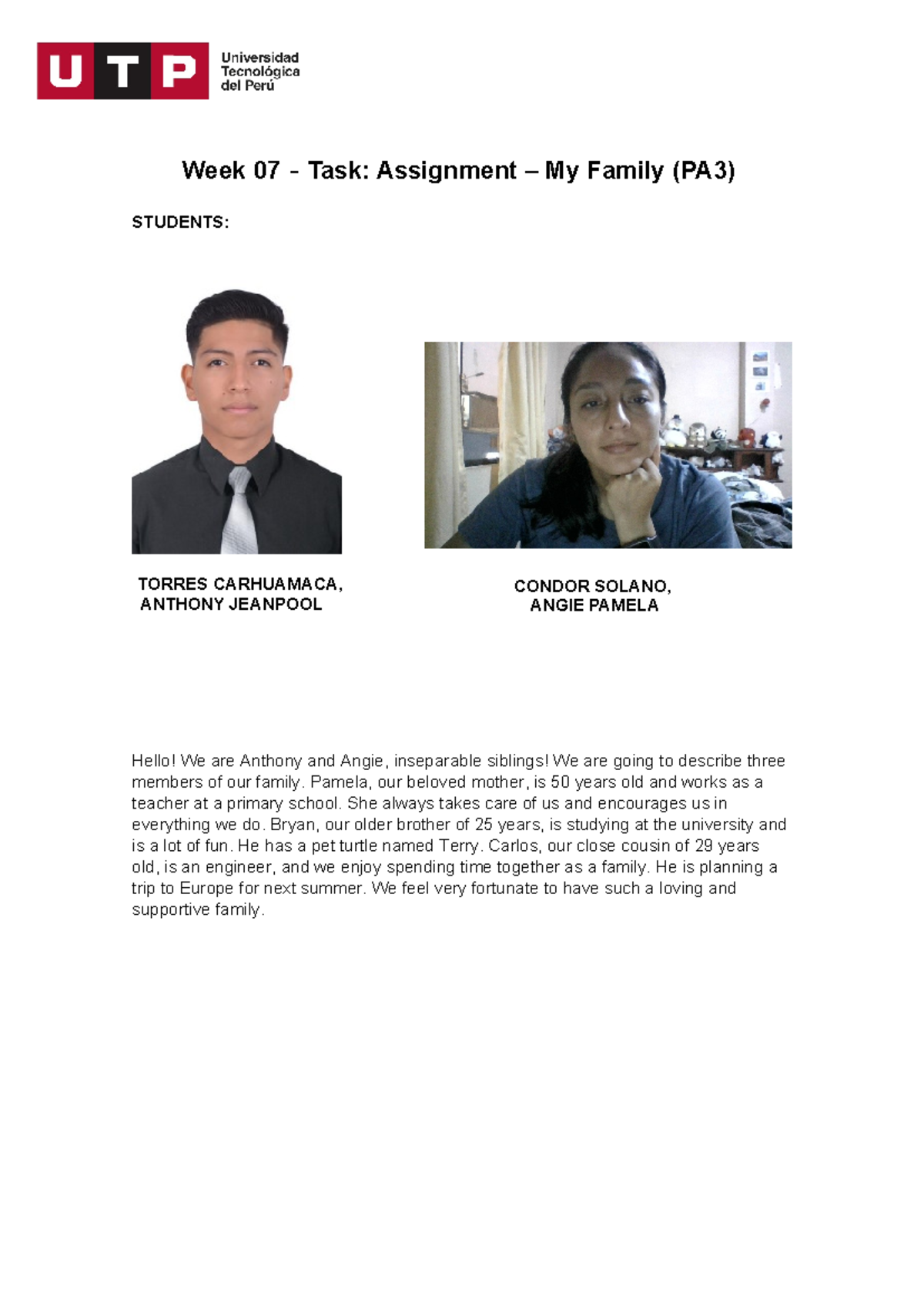 Week 07 Task Assignment - My Family PA3 - STUDENTS: Hello! We are ...