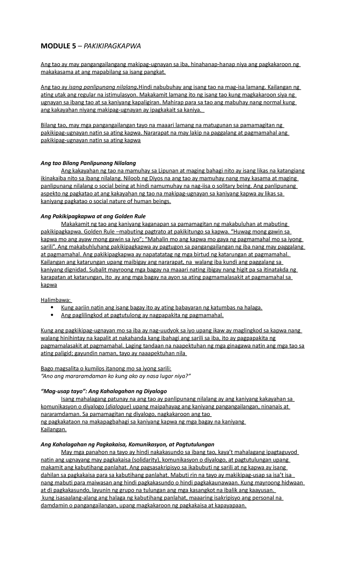 ESP Final Output - so very helpful - MODULE 5 – PAKIKIPAGKAPWA Ang tao ay may pangangailangang ...