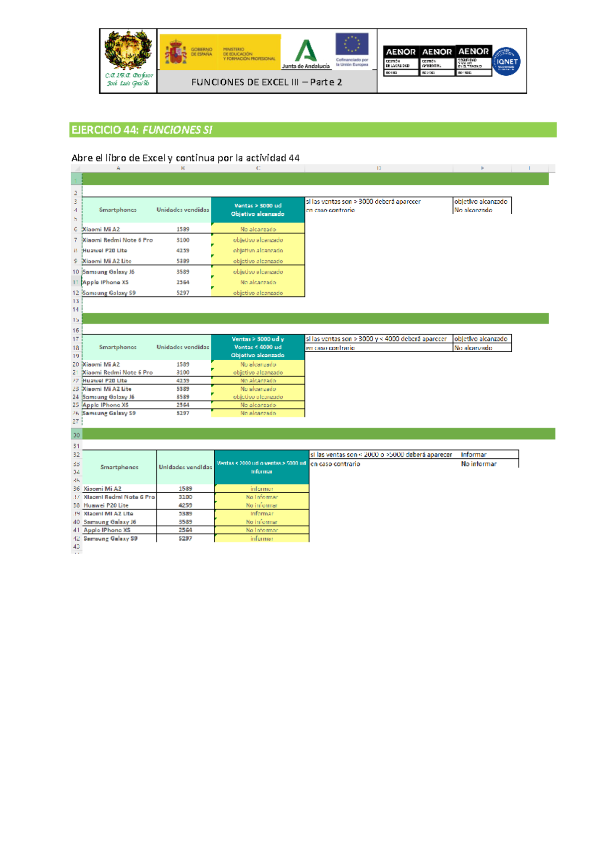 Funciones de Excel III - parte 2 - José Luis Graiño FUNCIONES DE EXCEL III – Parte 2 EJERCICIO ...