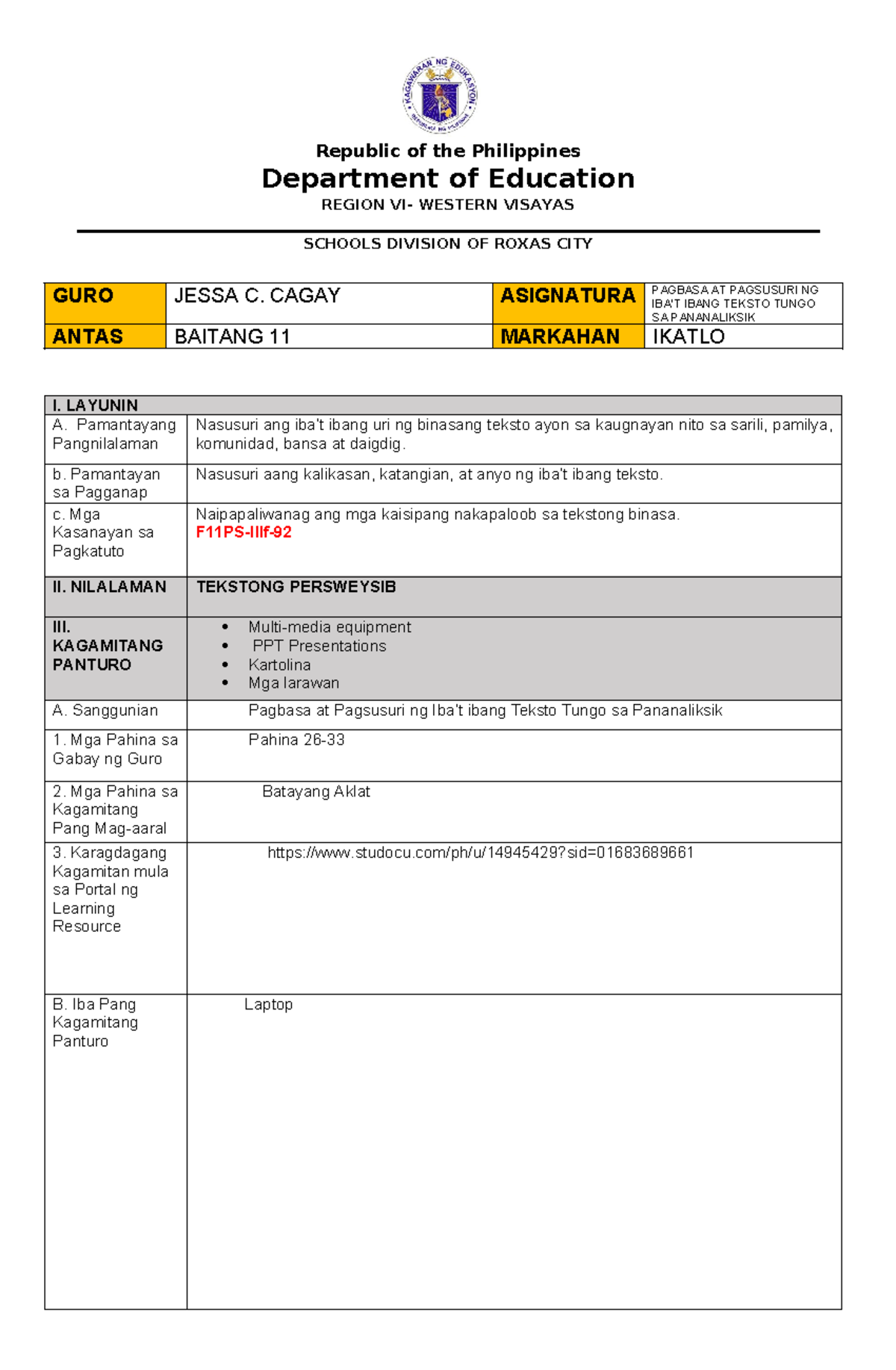 Lesson PLAN PARA SA DEMO NI J - Republic of the Philippines Department ...