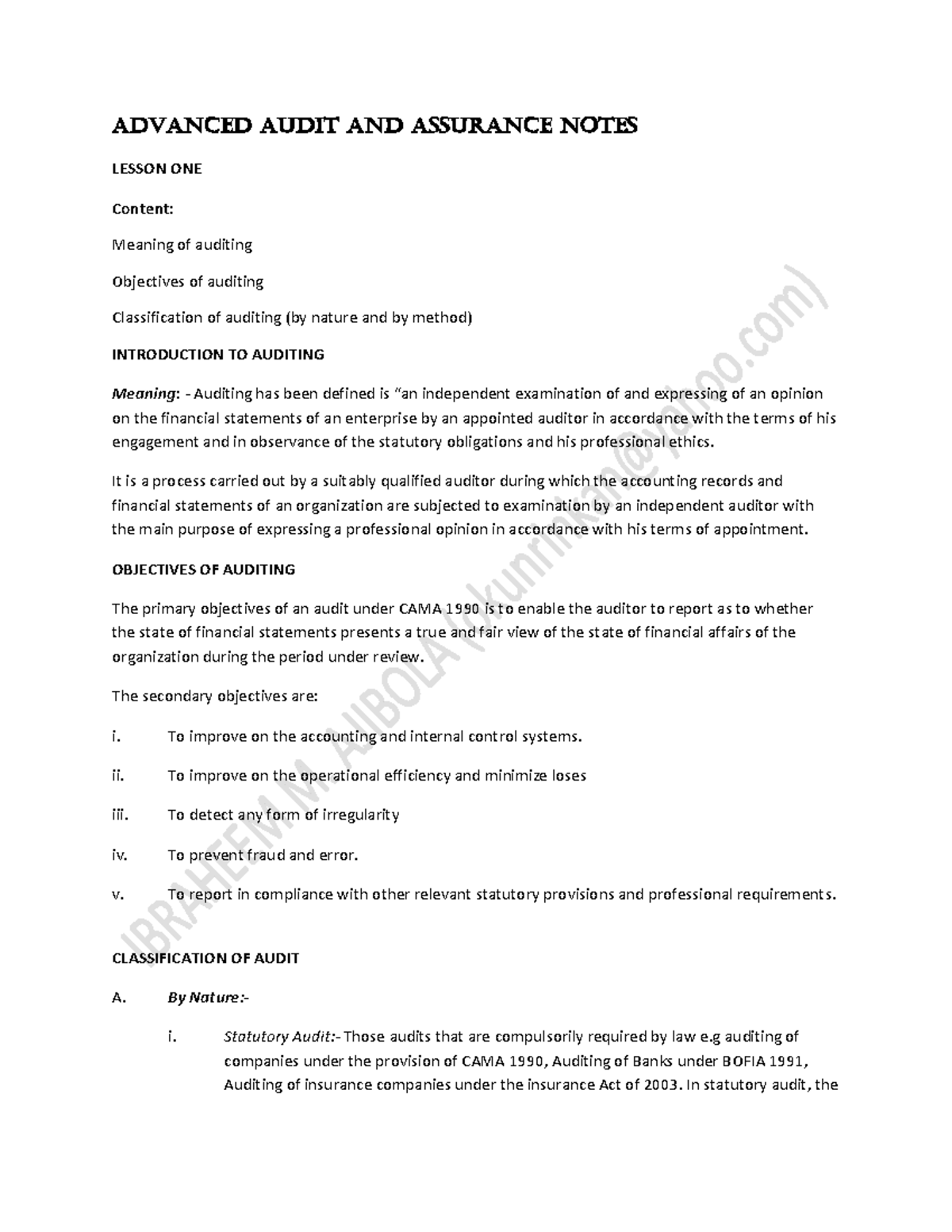 AAA Lesson Notes SKY - ADVANCED AUDIT AND ASSURANCE NOTES LESSON ONE ...