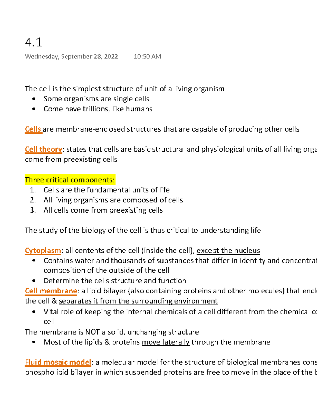4 - Chapter 4.1 Reading notes - The cell is the simplest structure of ...