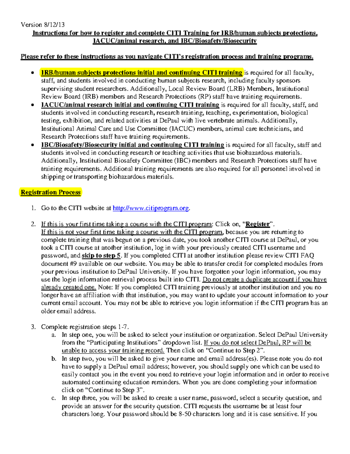 Instructions for CITI Training - Instructions for how to register and complete CITI Training for ...