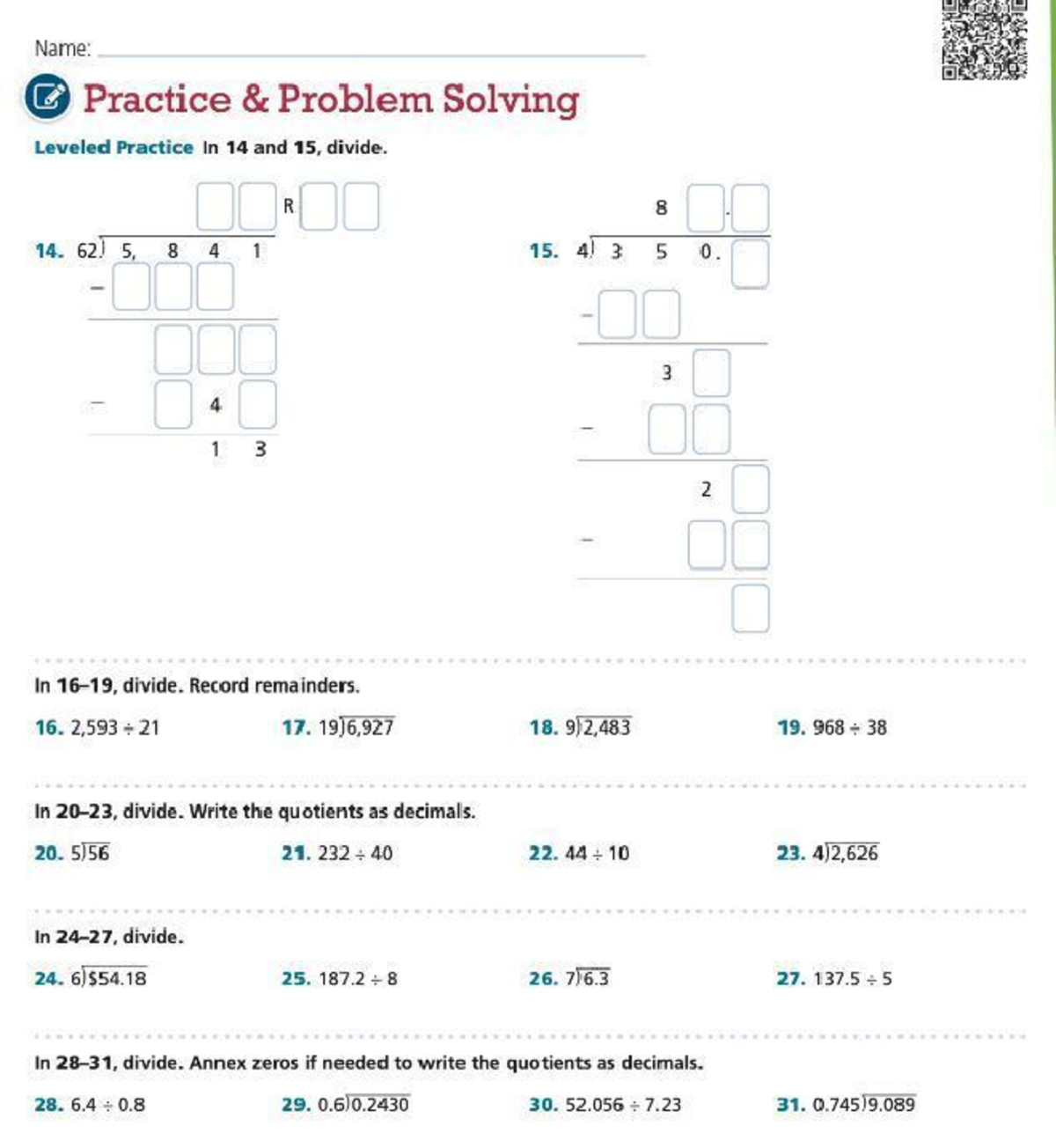 Pg. 57 (Lesson 1-2 Fluently Divide Whole Numbers and Decimals) - Name ...