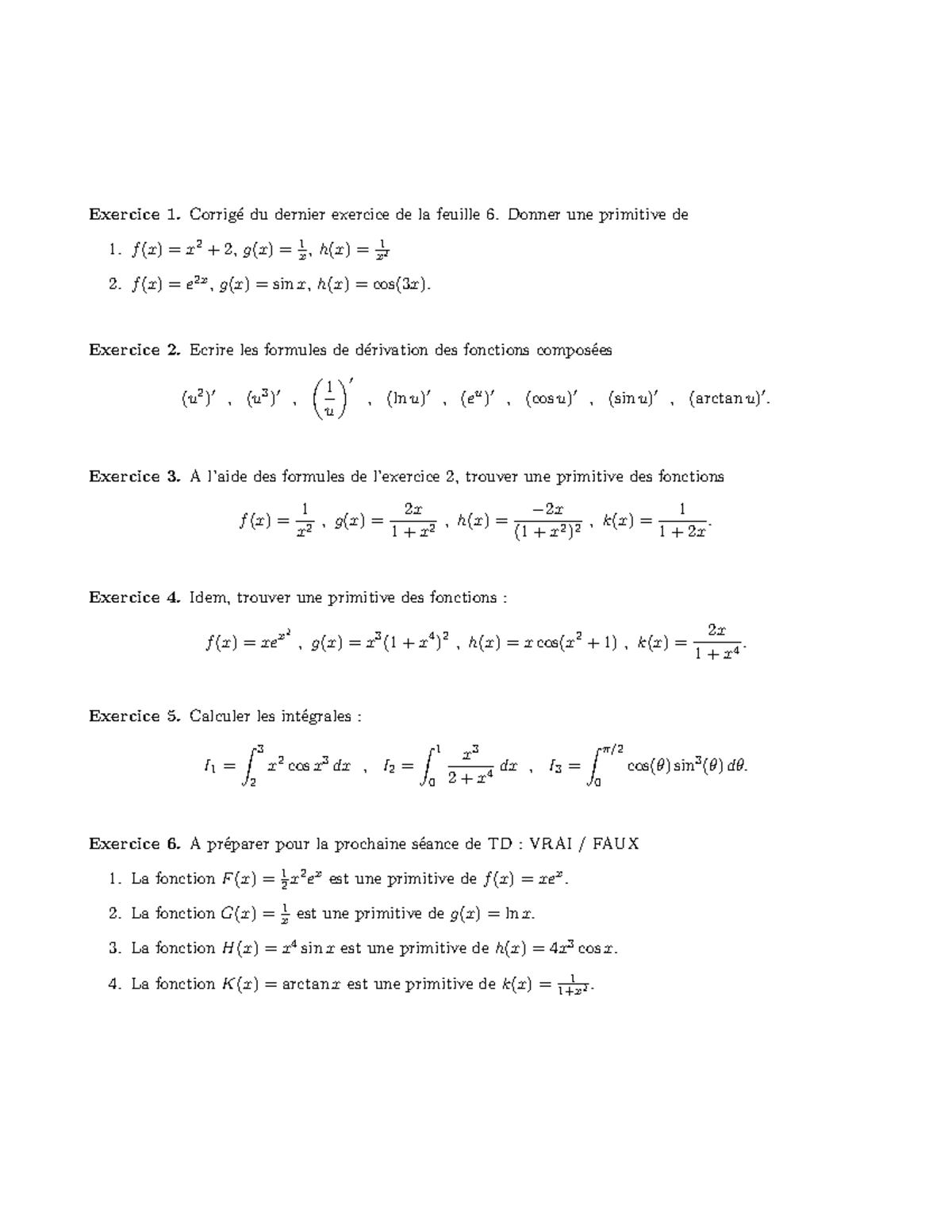 07-Ex Integration 1A - Exercices - Exercice 1. Corrig ́e du dernier ...
