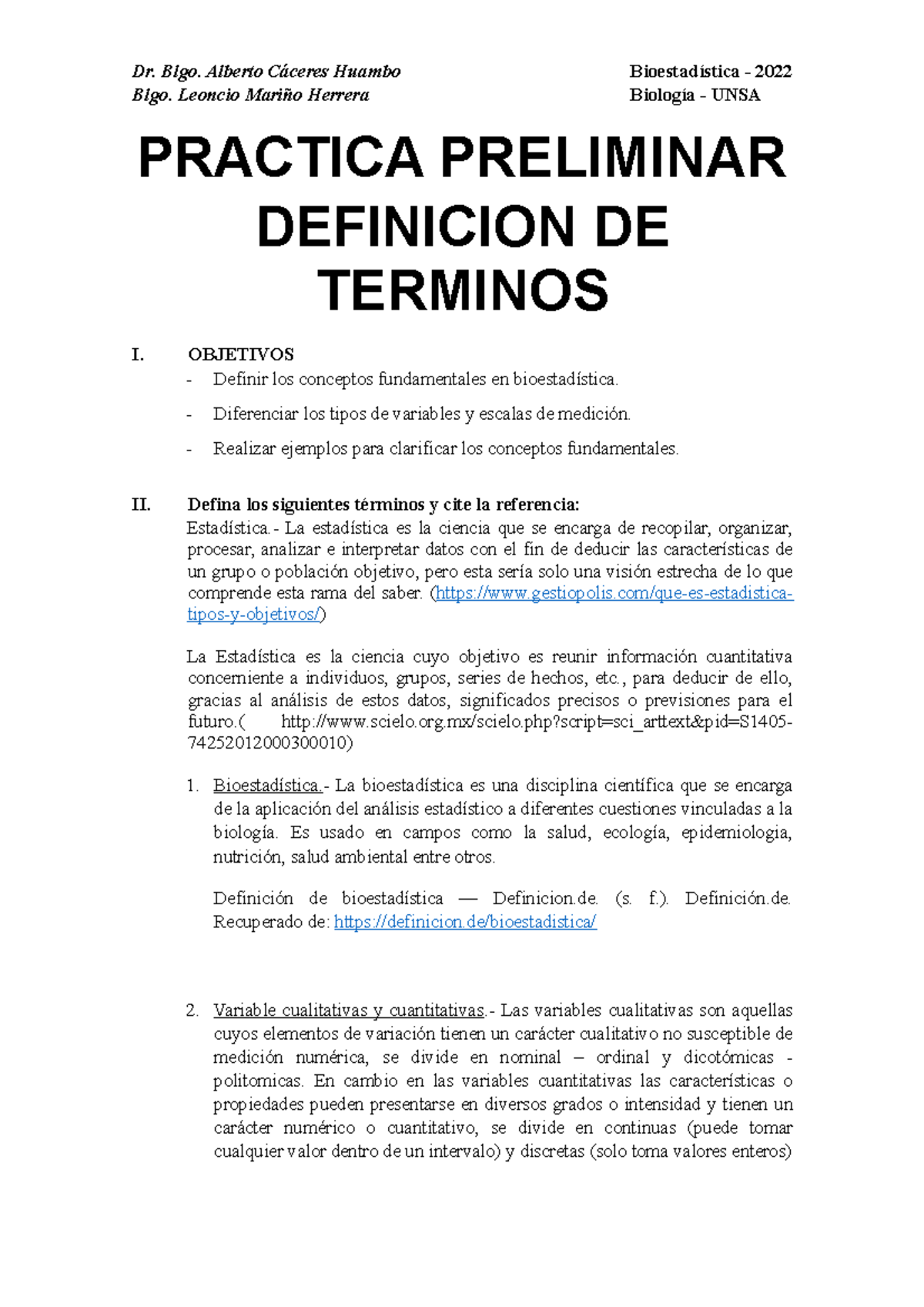 Práctica Preliminar - I. OBJETIVOS - Definir los conceptos ...