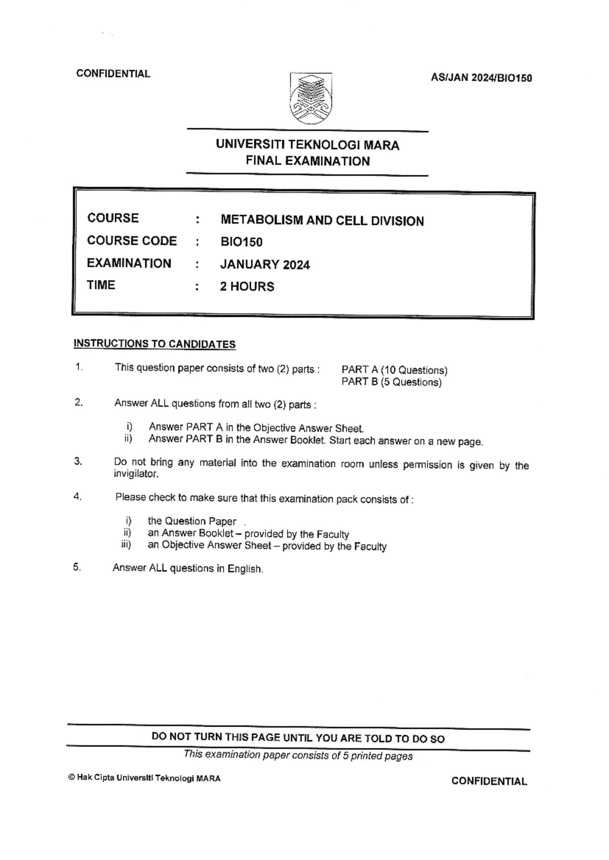 Faculty Applied Sciences 2024 Session 1 - PRA- Diploma DAN Diploma BIO150 - CONFIDENTIAL ...