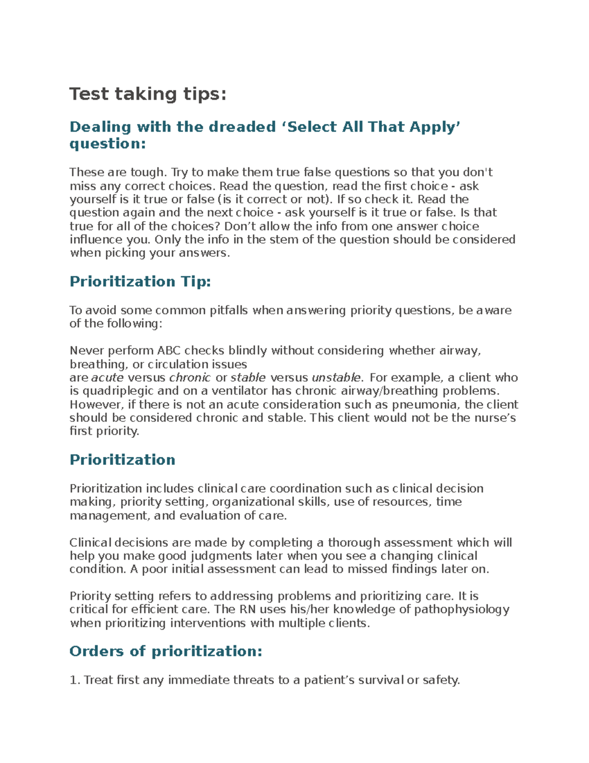 Test Taking Tips from ATI assessments - Test taking tips: Dealing with ...