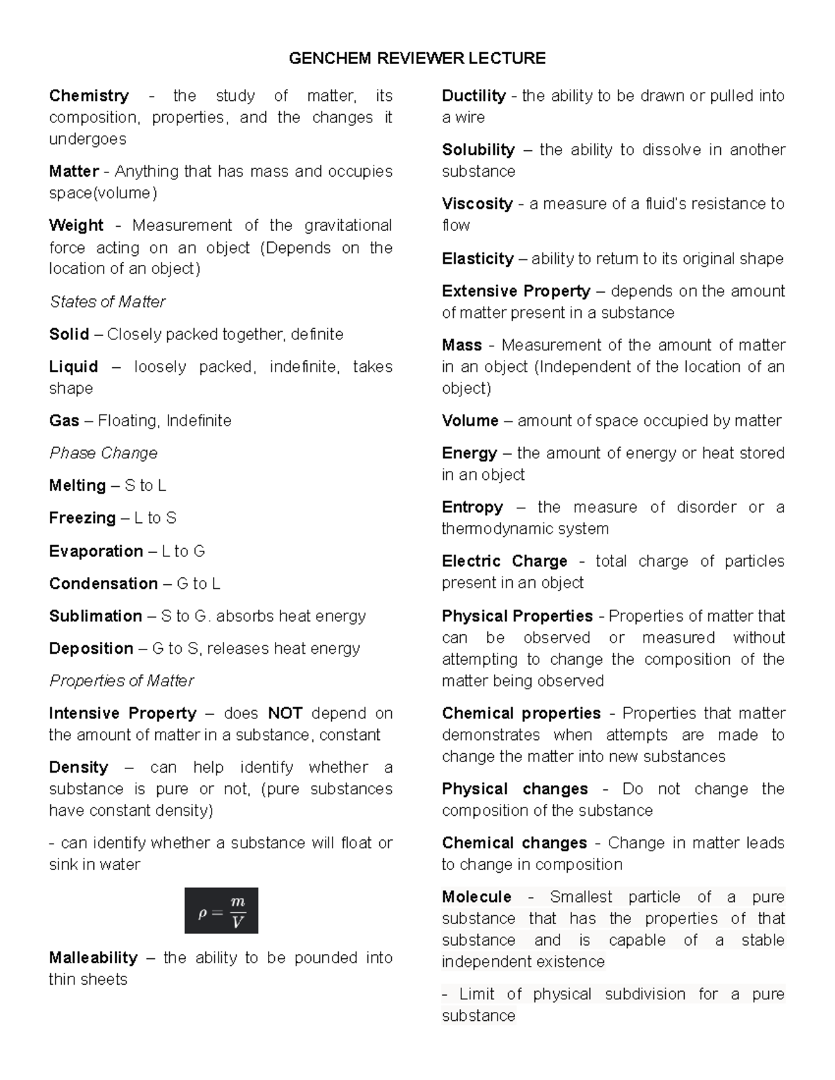 Gen-chame-lec - Lec notes - Chemistry - the study of matter, its ...