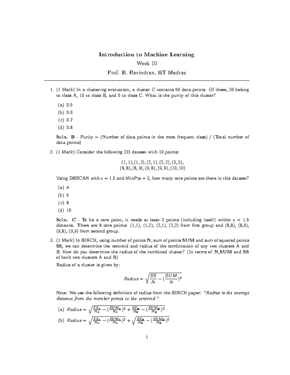 ML Week10 Soln - nakv k k f lsv n - Introduction to Machine Learning Week 10 Prof. B. Ravindran ...