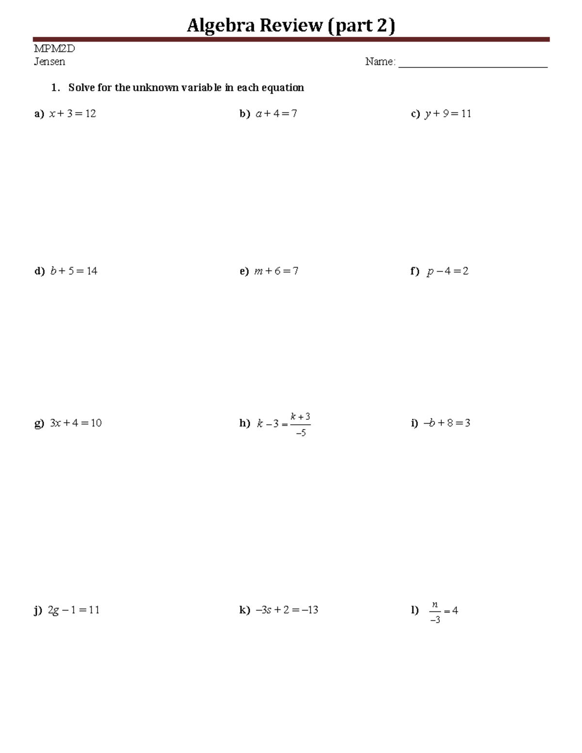 1. Algebra Part 2 - Worksheet - Algebra Review (part 2) MPM2D Jensen ...