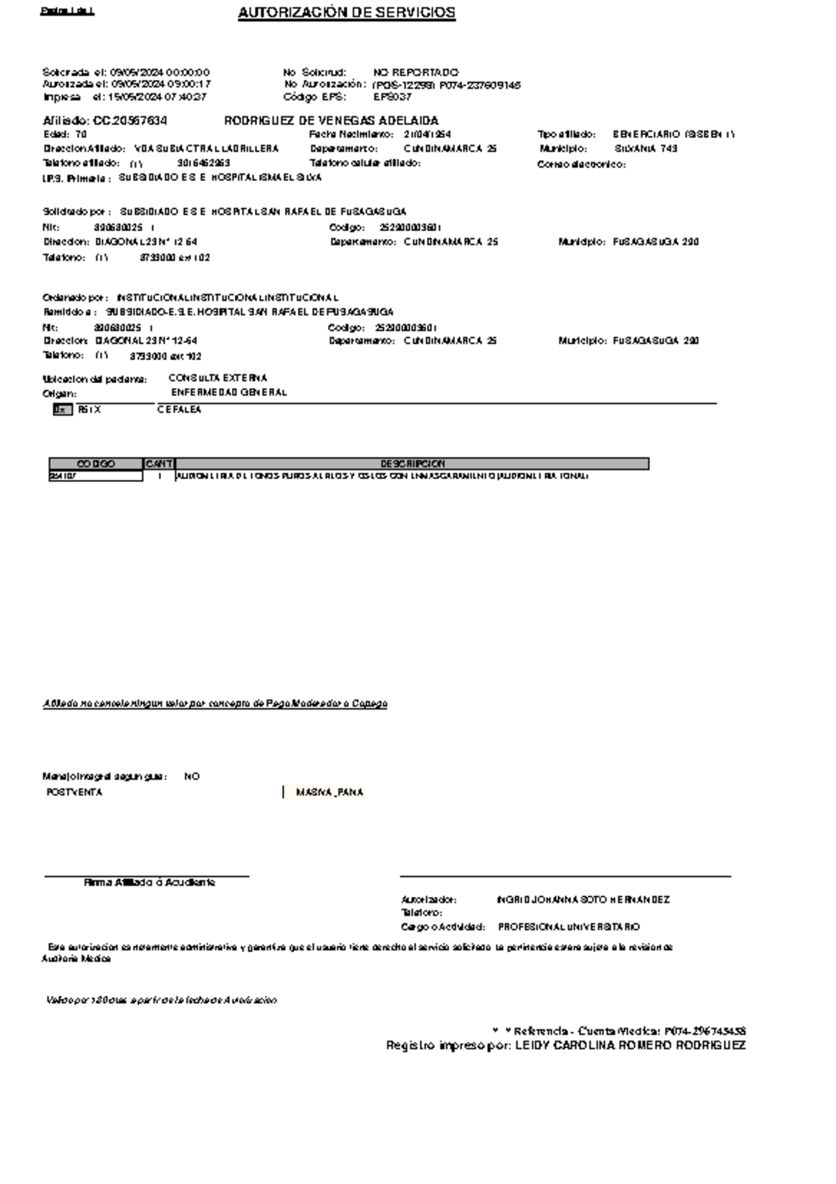 CC 20567634 2 - calculo - Solicitado por : Remitido a : Dx: R51X ...