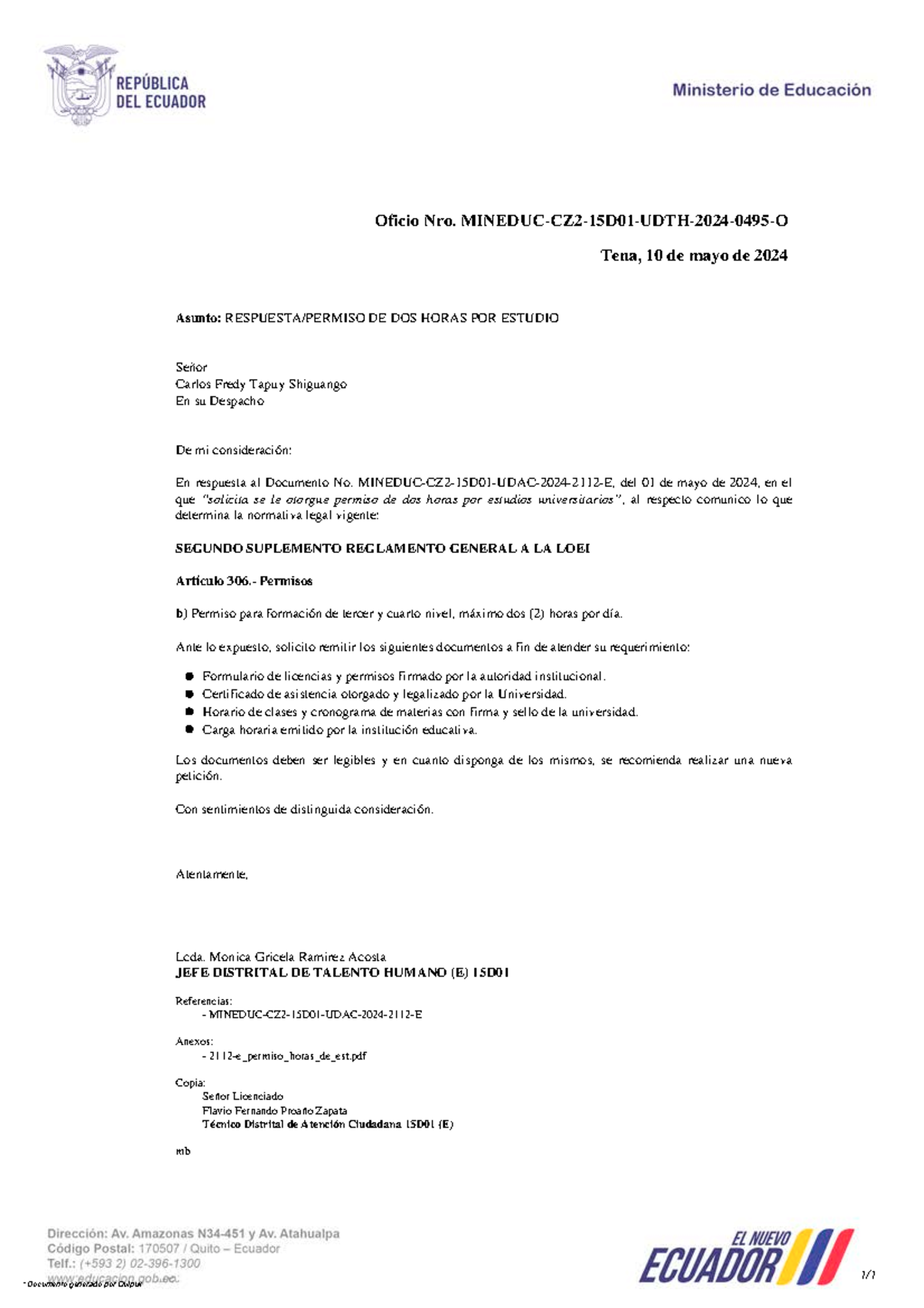 Mineduc CZ2 15D01 UDTH 2024 0495 O 2 - Oficio Nro. MINEDUC-CZ2-15D01 ...