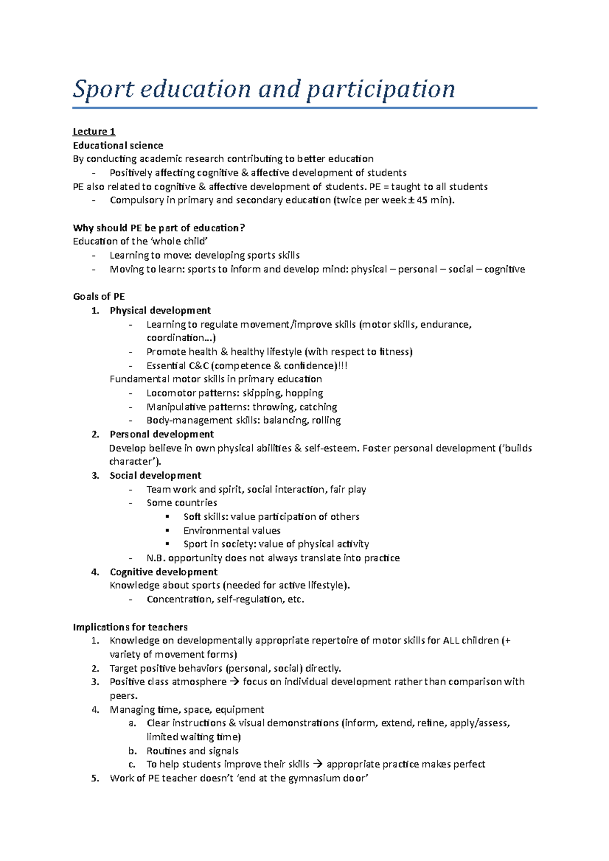 Sport education and participation - PE taught to all students ...