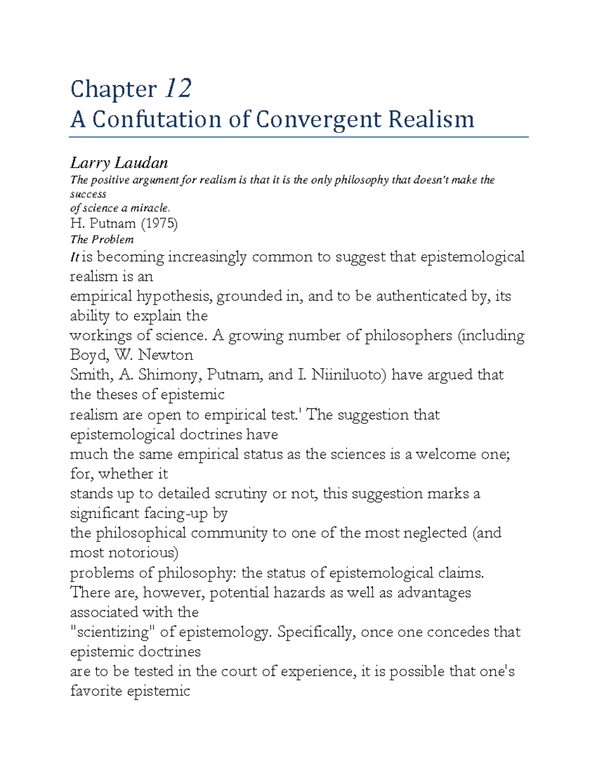 Chapter 12 A Confutation of Convergent Realism - H. Putnam (1975) The ...