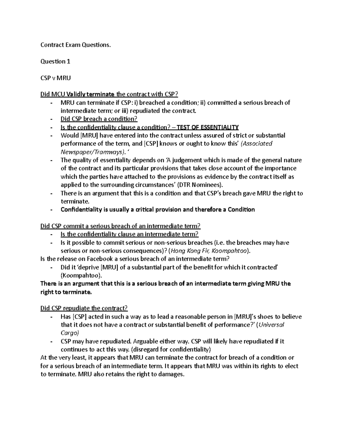 Contract Exam Question Review - Contract Exam Questions. Question 1 CSP ...