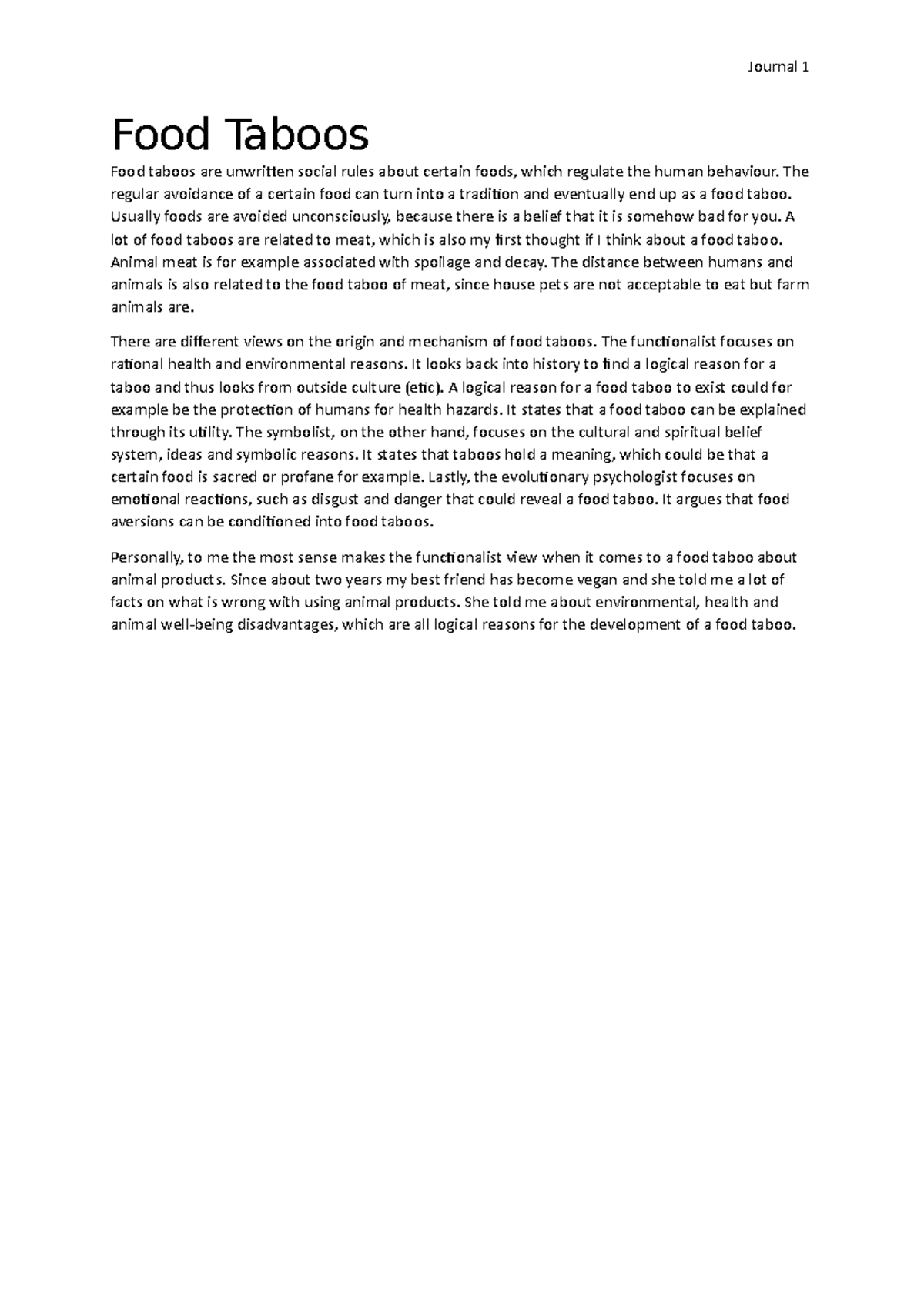 Journal 1 food taboos - Journal 1 Food Taboos Food taboos are unwritten ...