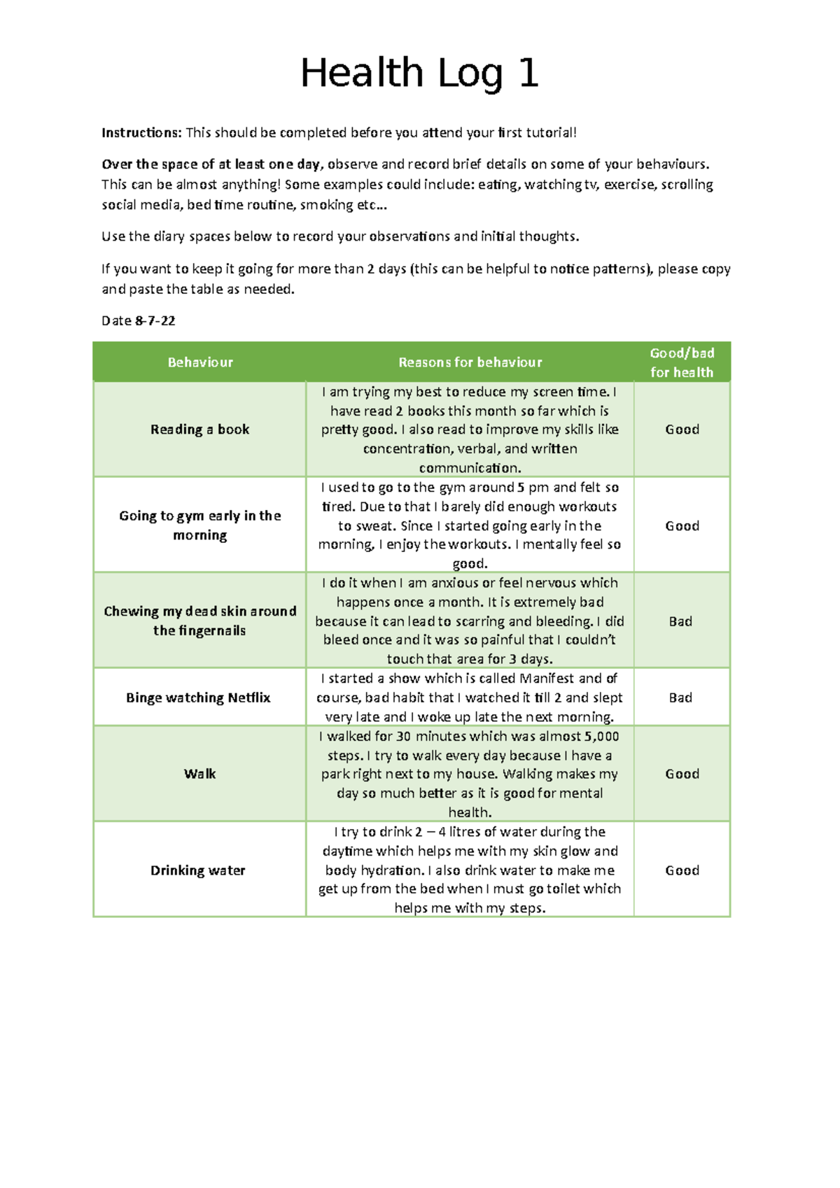 Module 2 Tutorial 1 Workbook Activity - Health Log 1 (5) - Health Log 1 ...