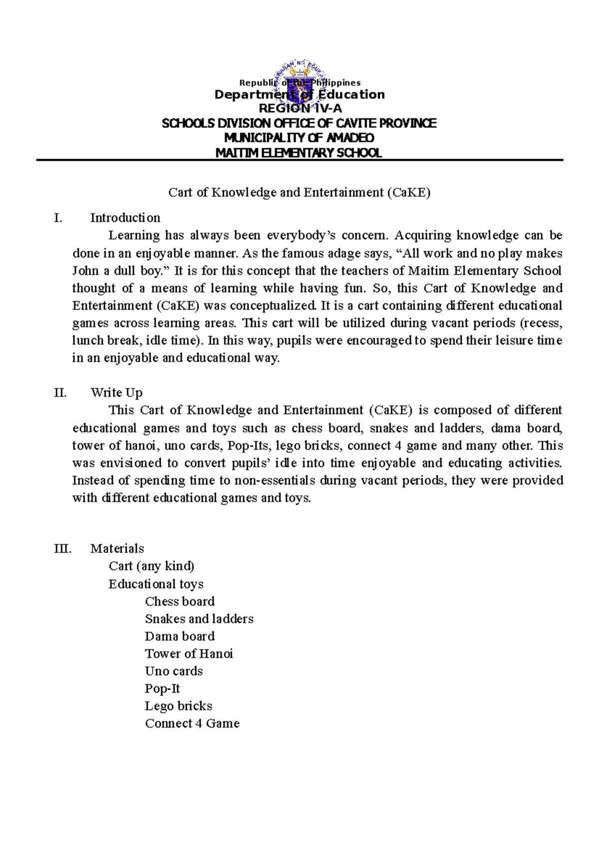 LR-Write-up Ca KE - write-up on intervention - Republic of the ...