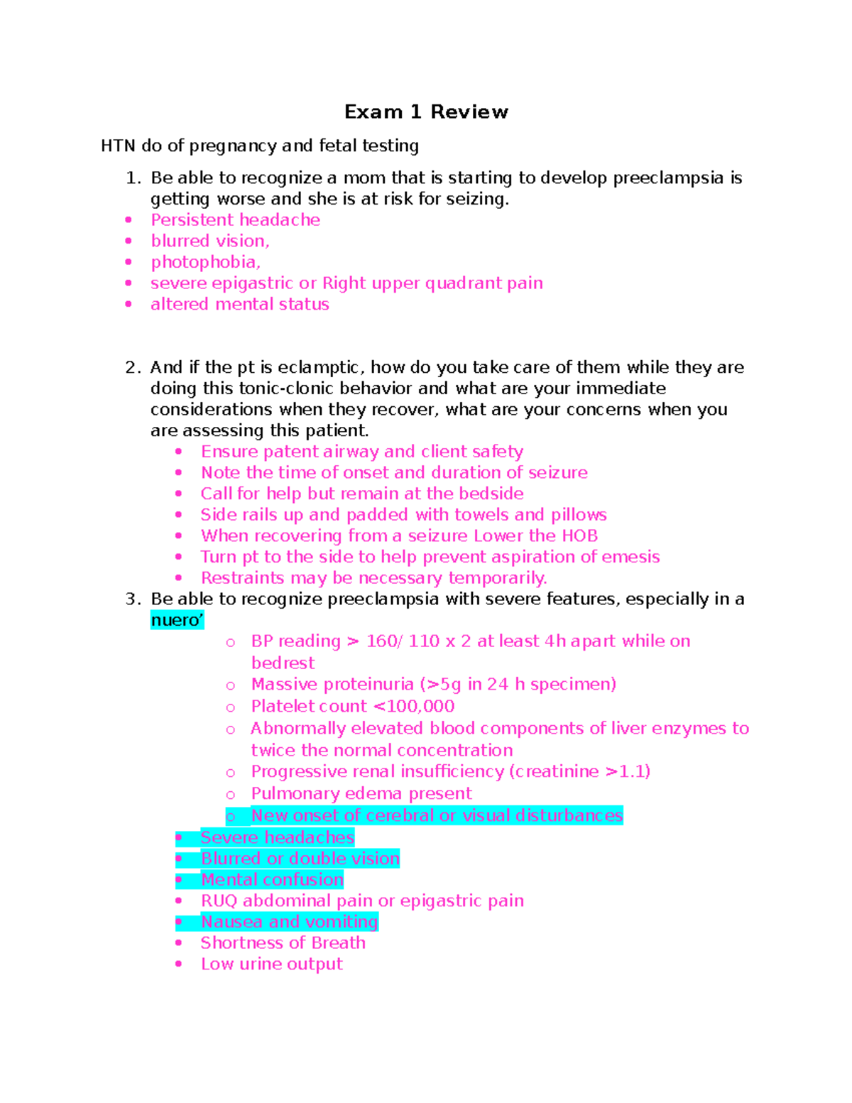 Exam 1 Review - Exam 1 Review HTN do of pregnancy and fetal testing 1 ...