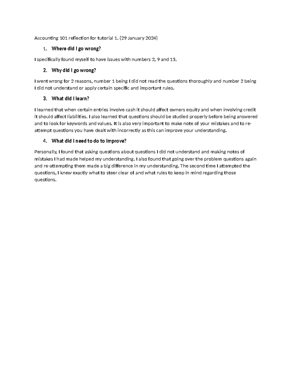Accounting 101 reflection for tutorial 1 - Accounting 101 reflection for tutorial 1. (29 January ...