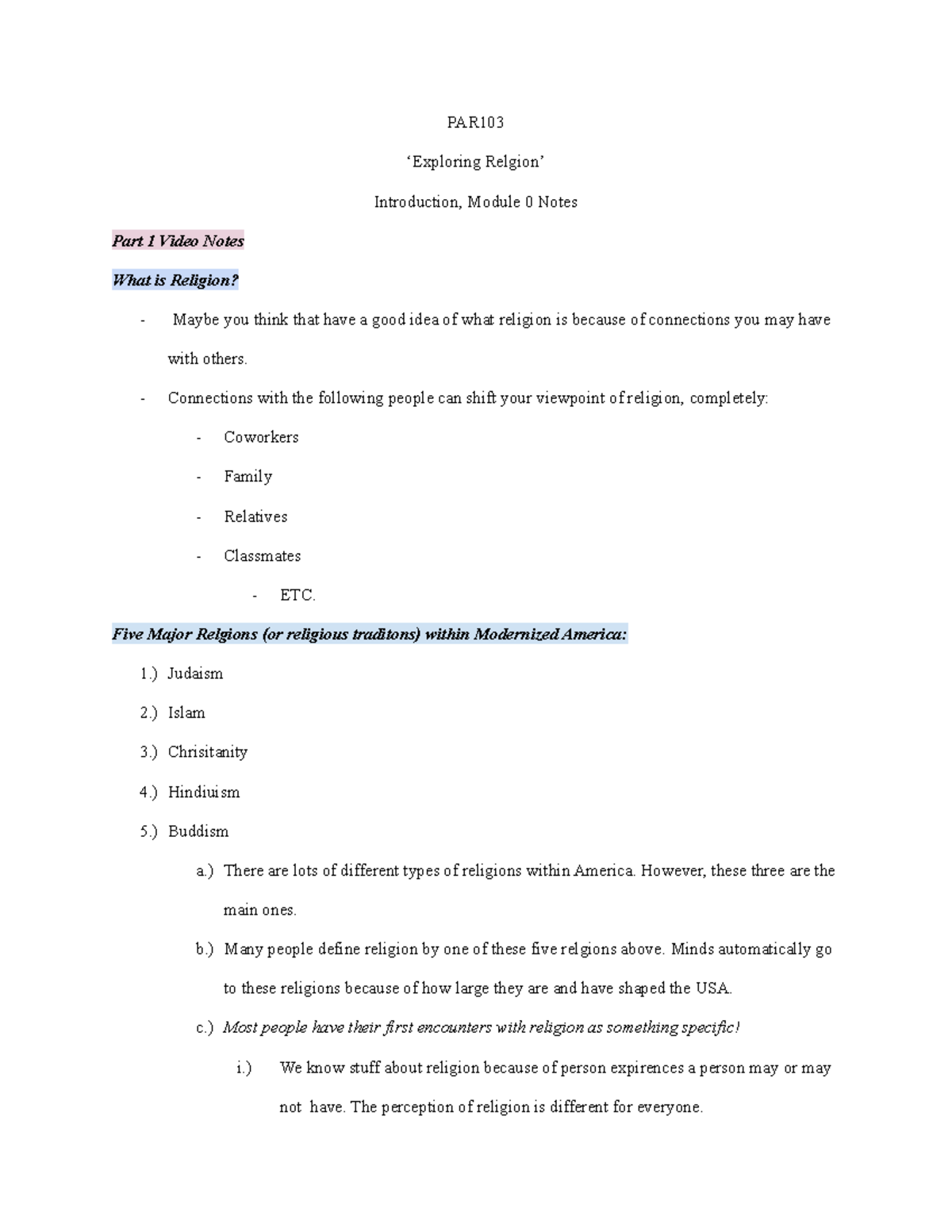 PAR103 (Exploring Religion) Module 0 Intro Video Notes - PAR ‘Exploring ...