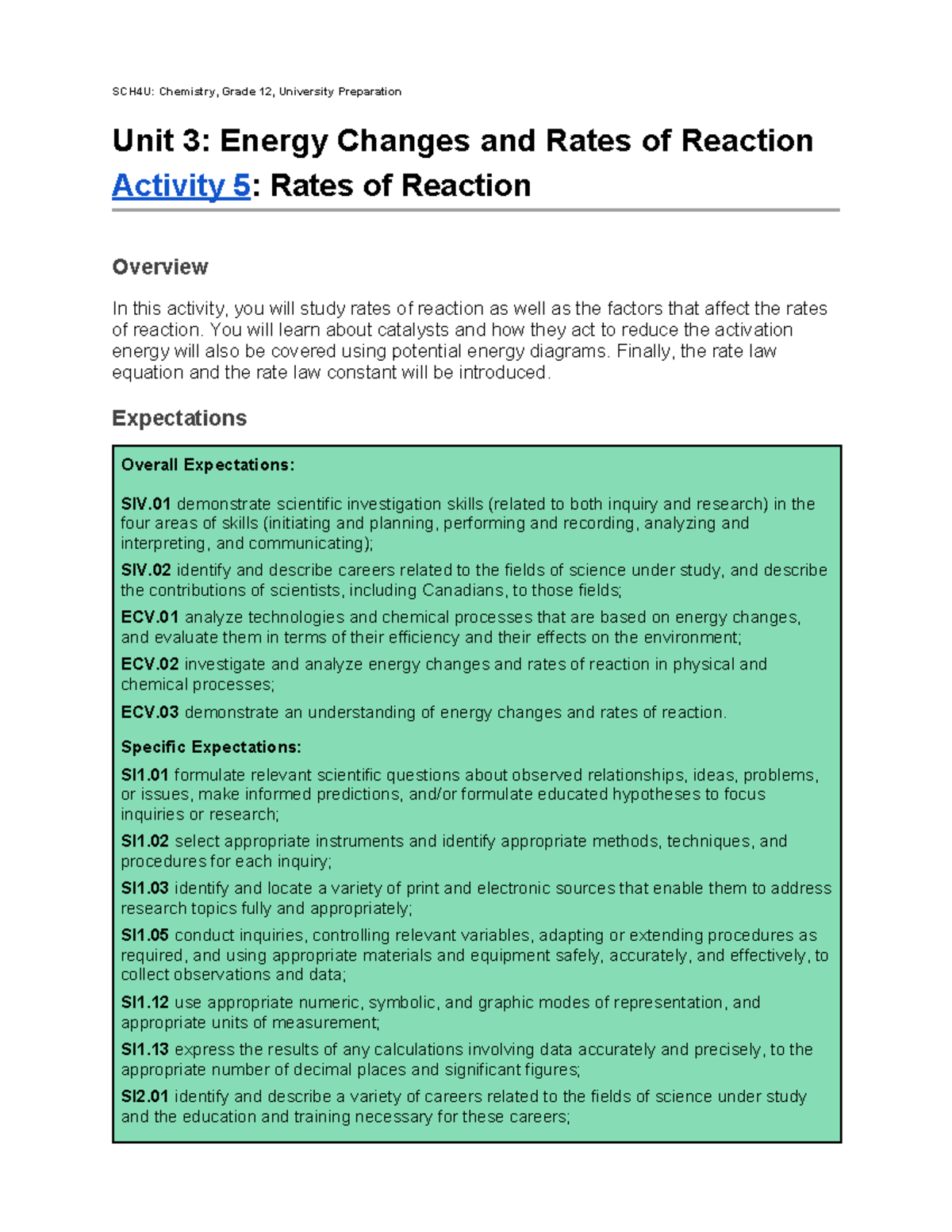 Unit 4 - Activity 1 Chemical Equilibrium - SCH4U: Chemistry, Grade 12 ...