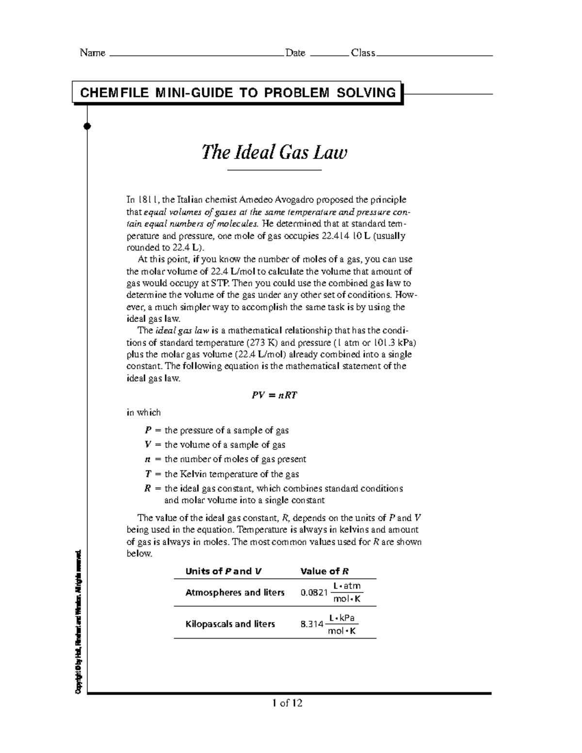 Hugps 138 Ideal GAs LAw - CHEM FILE M INI-GUIDE TO PROBLEM SOLVING ...