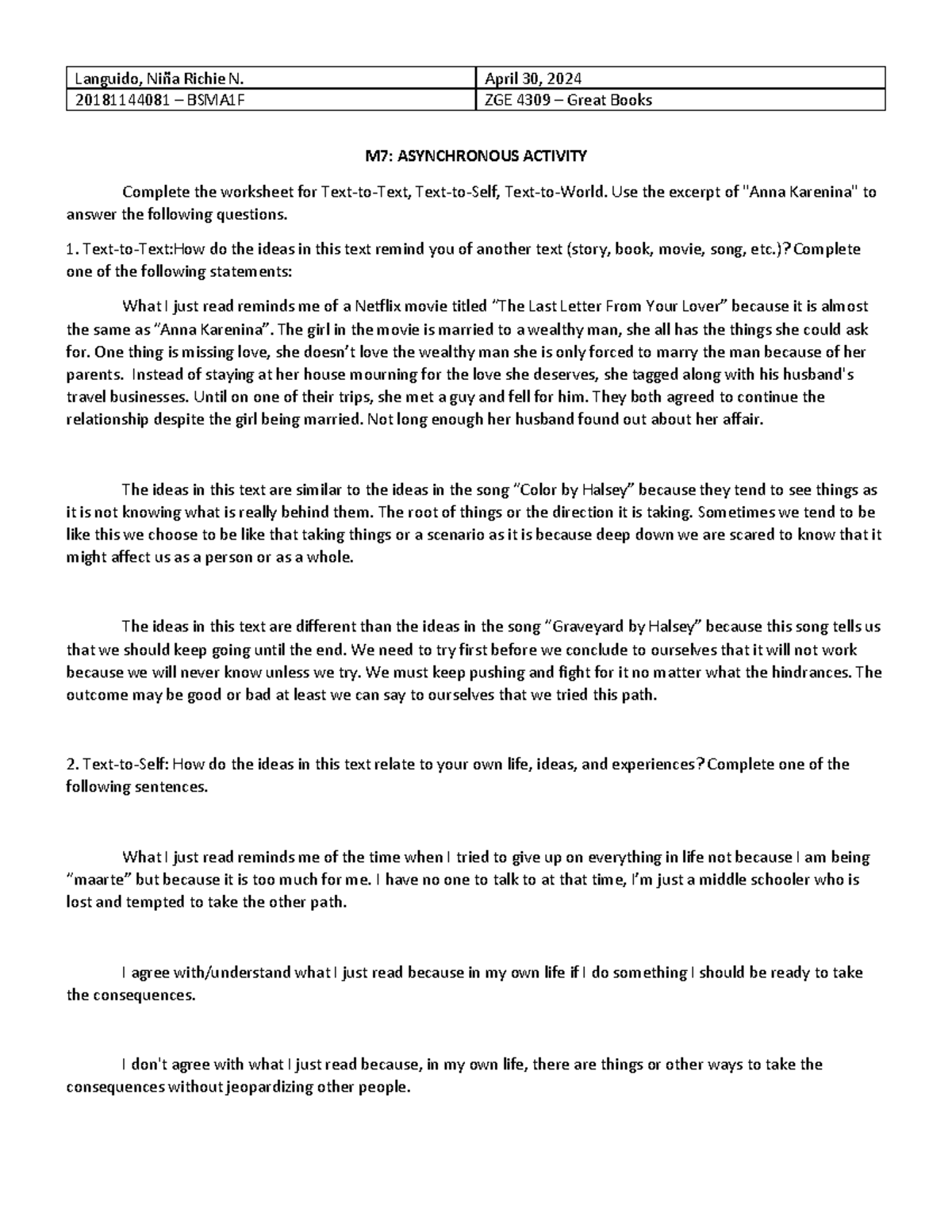 M7 Text-to-Text, Text-to-Self, Text-to-World - Languido, Niña Richie N ...